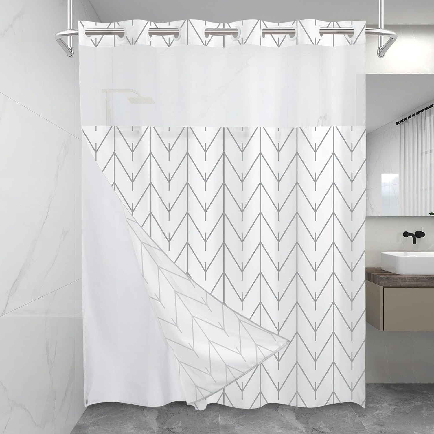 Latitude Run® No Hook Striped Shower Curtain with Snap in Fabric Liner ...