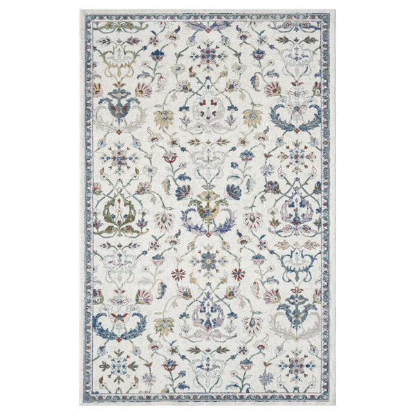 Bungalow Rose Nekiesha Ivory/Blue Floral Traditional Indoor Performance ...