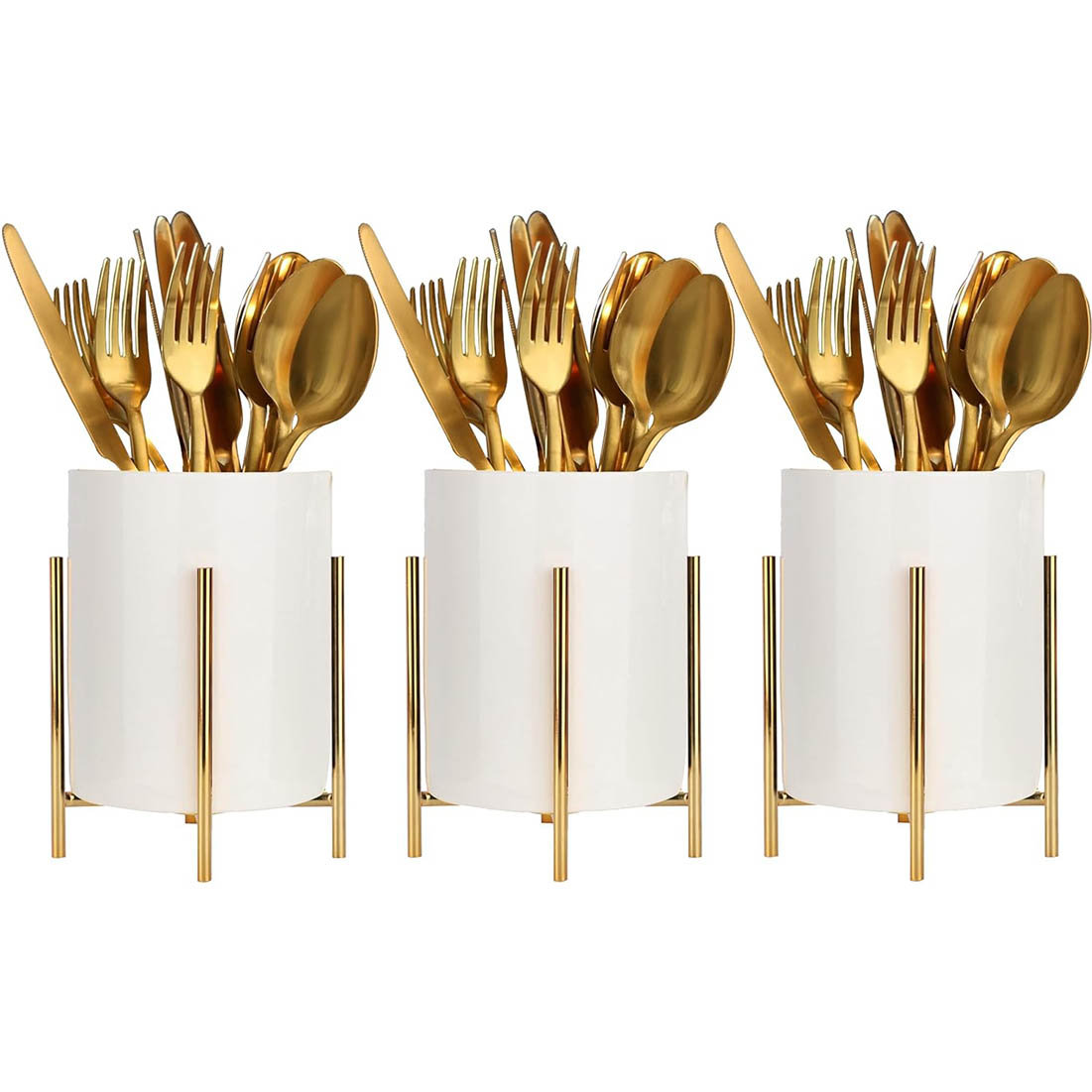 CORKURE White Ceramic Silverware Caddy With Golden Metal Frame | Wayfair