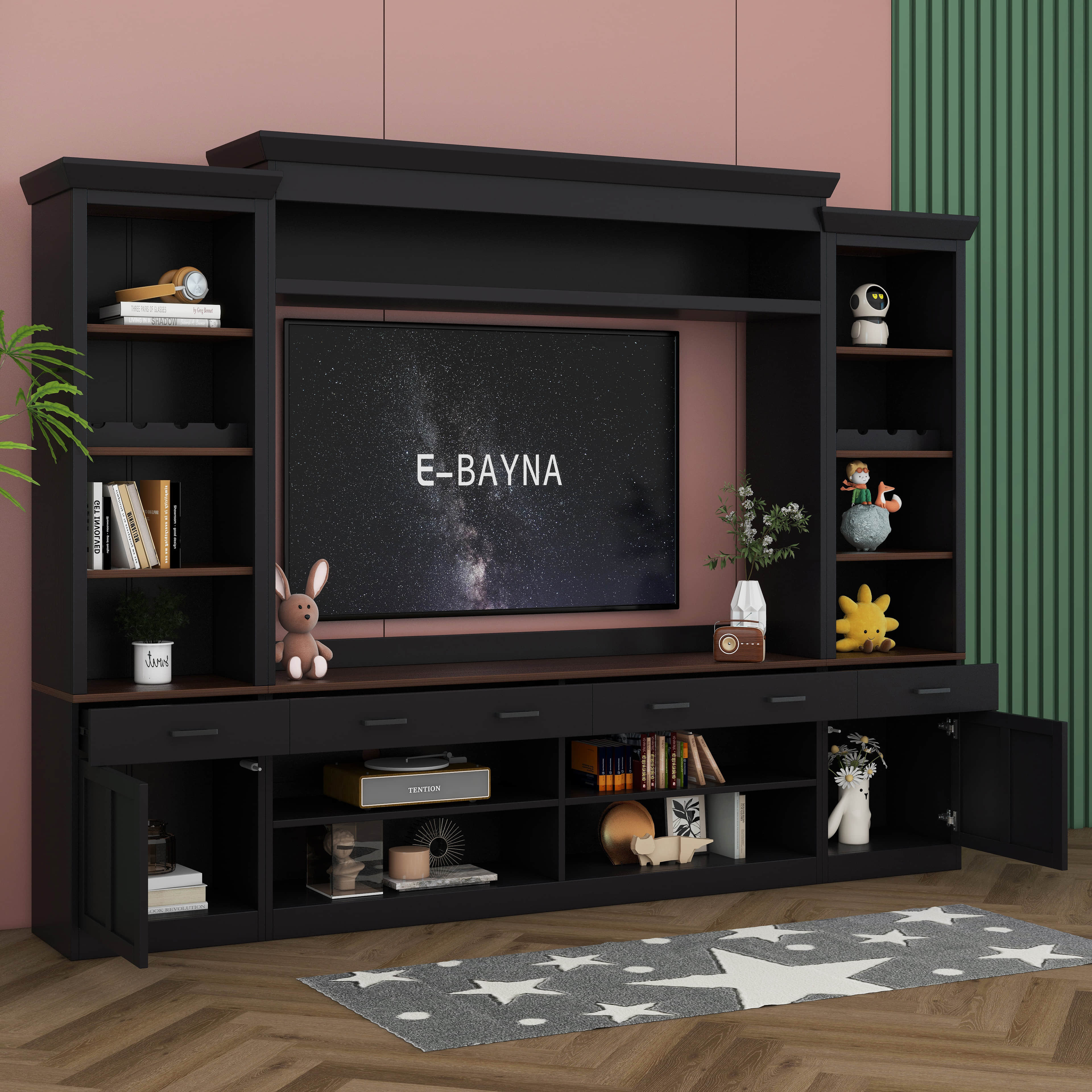 Red Barrel Studio® 4 Piece TV Stands With Bookshelf & Wine Rack For ...