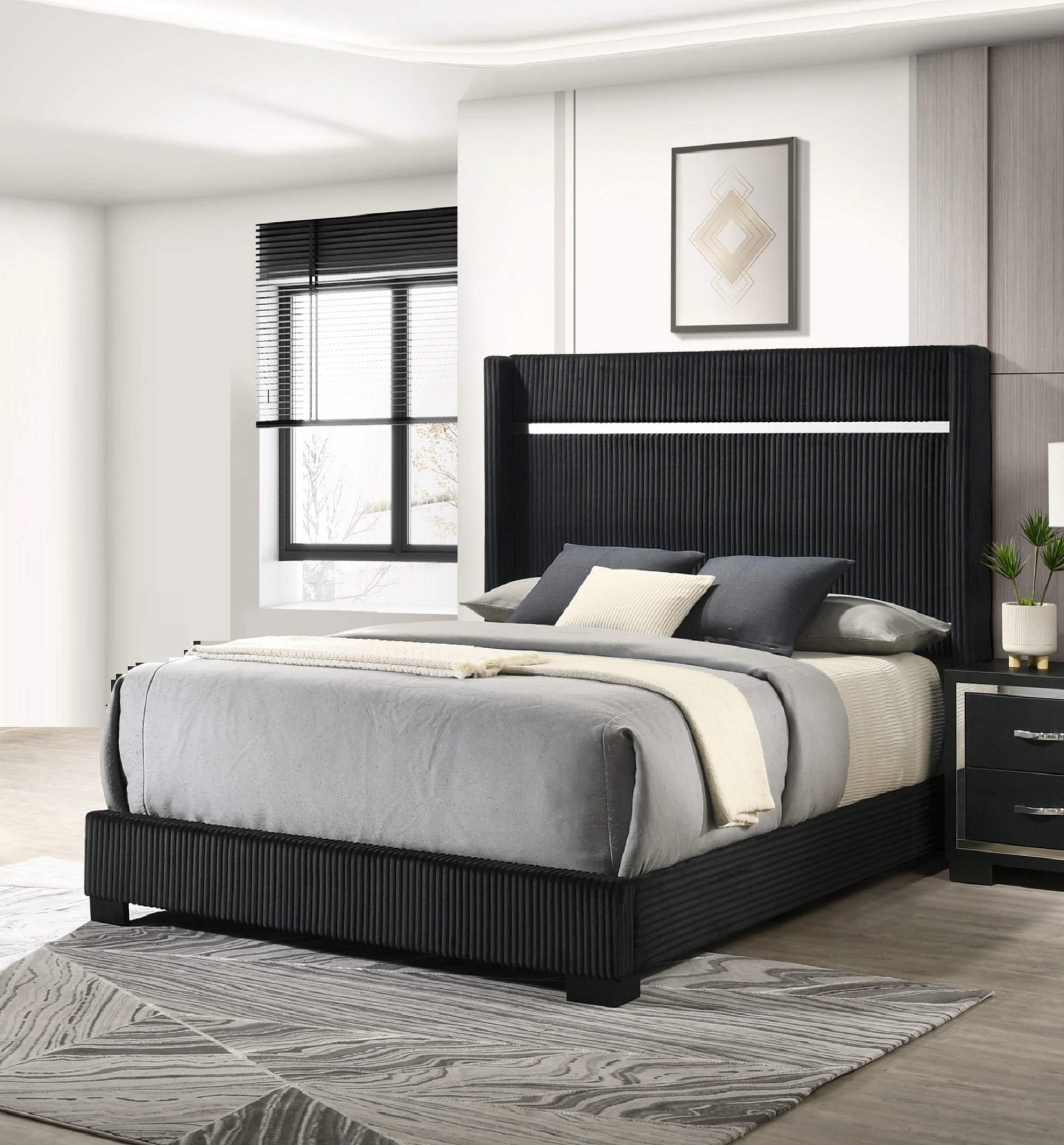 Everly Quinn 1Pc Contemporary Upholstered King Size Bed Channel Tufting ...