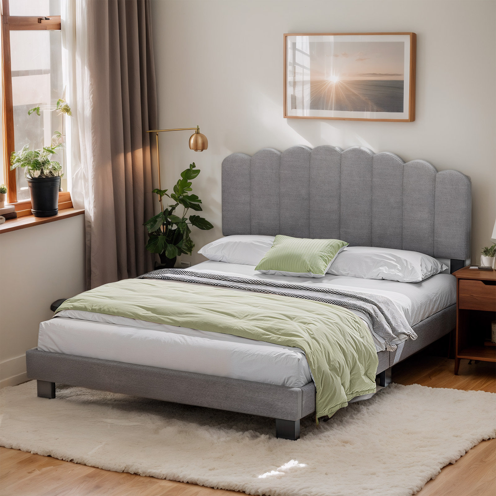 Ebern Designs Dhugan Low Profile Linen Platform Bed Frame with ...