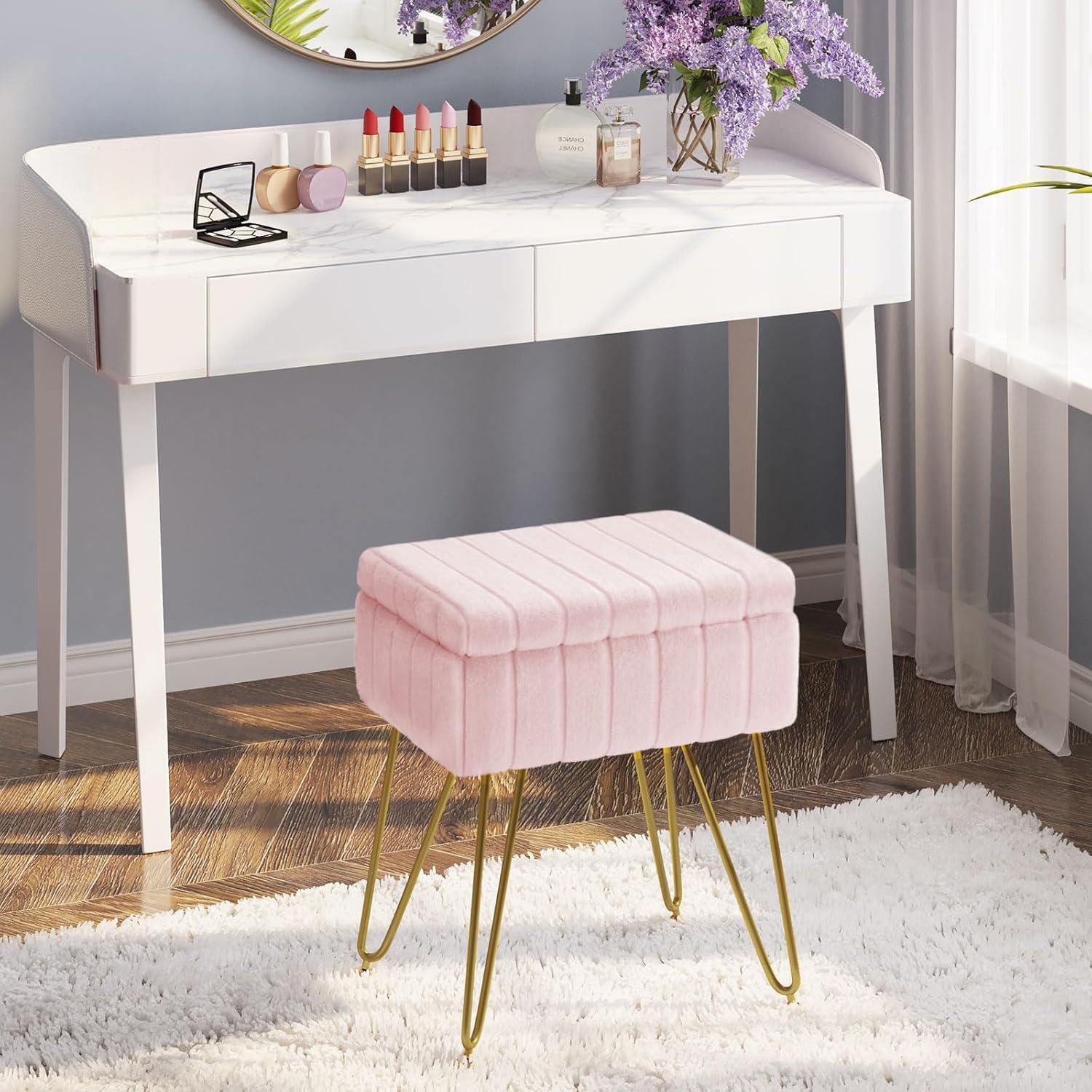 Mercer41 Faux Fur Vanity Stool With Storage, Plush Cushion + 4 Metal ...