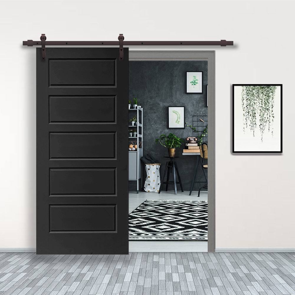 Calhome Panelled Wood and Metal Painted Interior Sliding Barn Door with ...