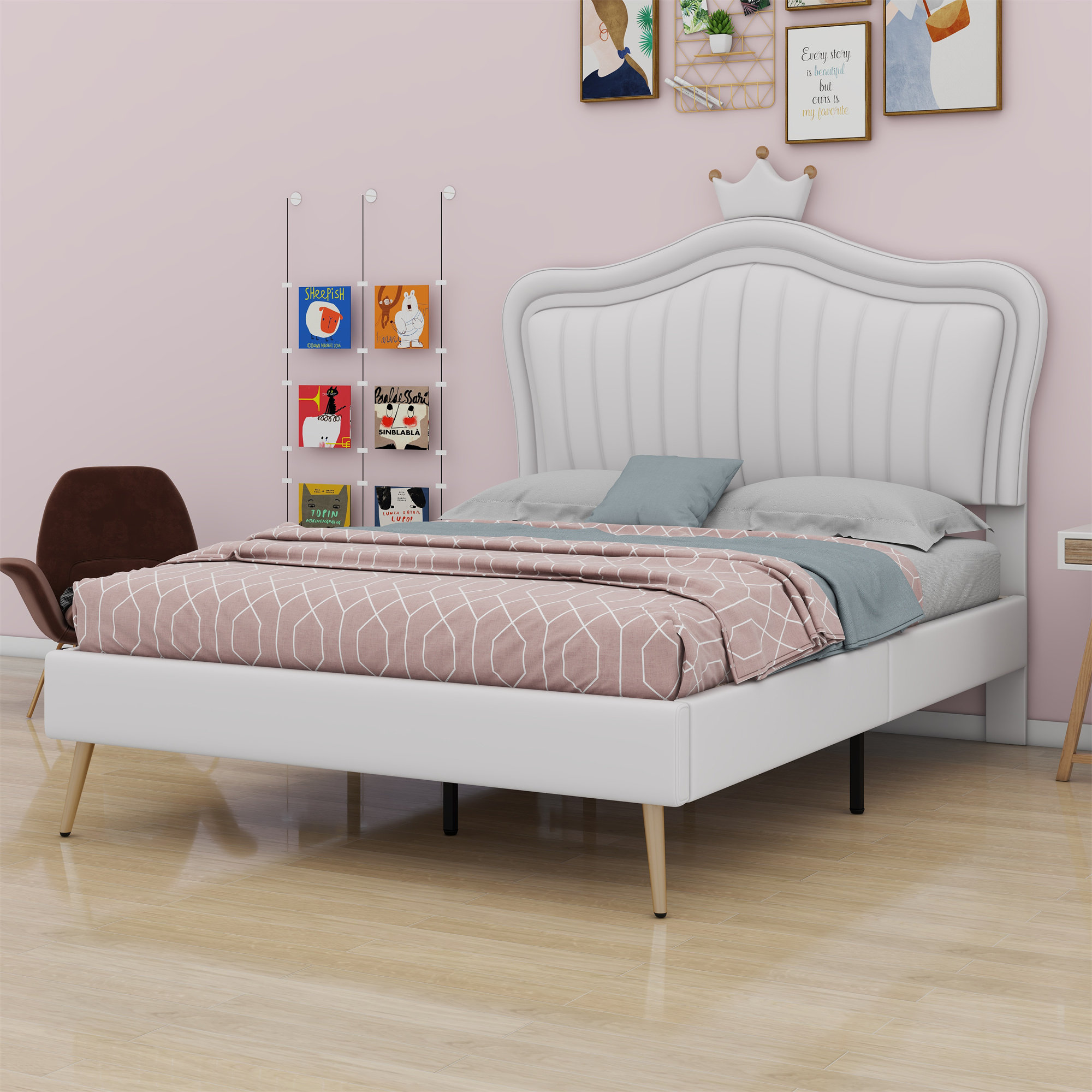 Gemma Violet Upholstered Princess Bed With Crown Headboard And LED ...