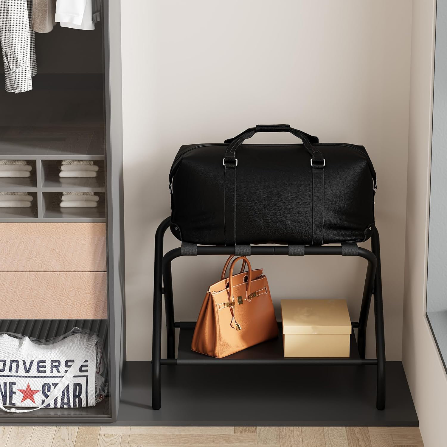 WINUAL Copper Luggage Rack, Foldable Suitcase Stand With Fabric Storage ...