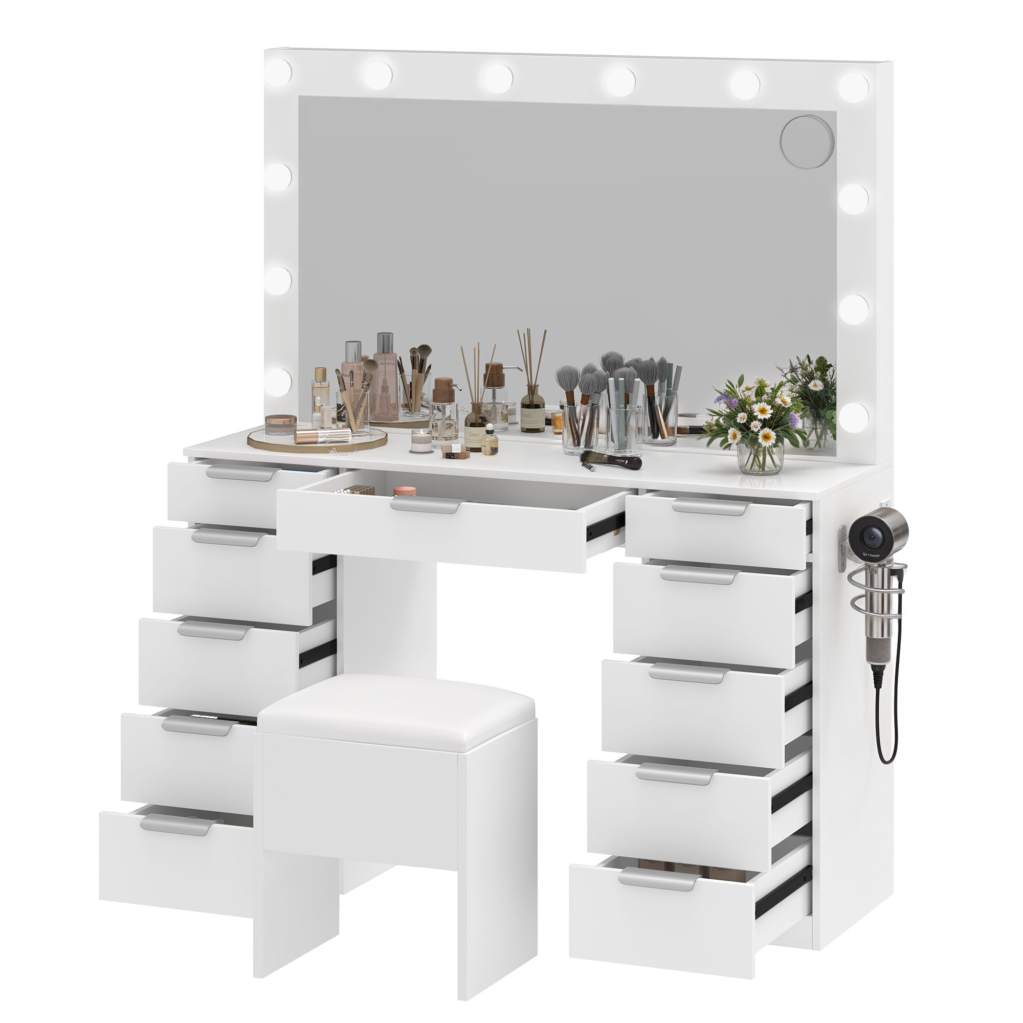 Latitude Run® LED Vanity Desk Set with 11 Drawers & Adjustable Mirror ...