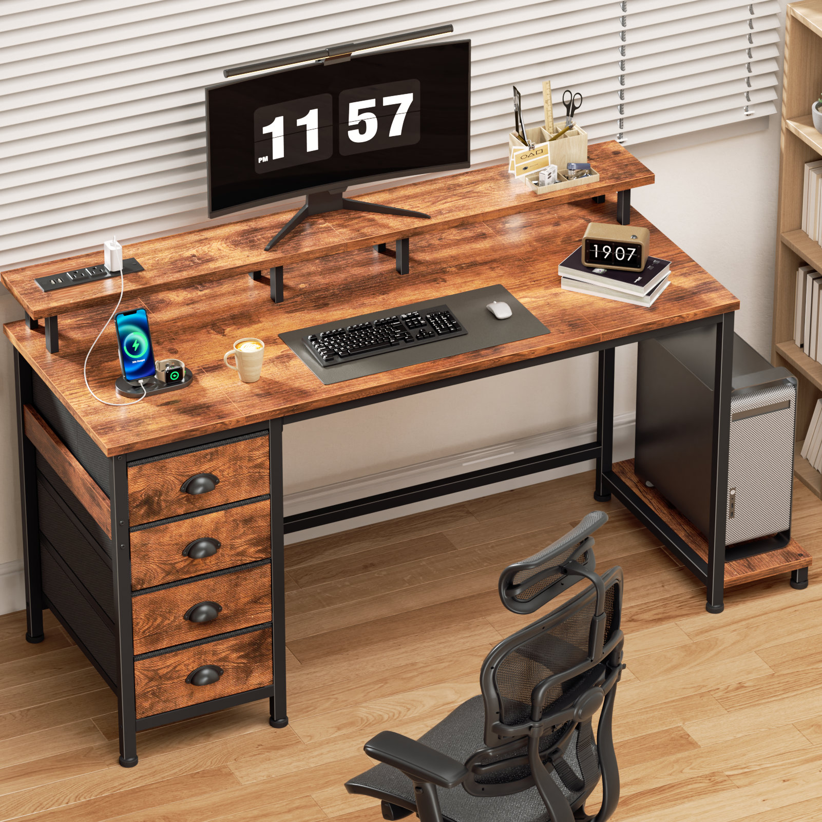 Wrought Studio Computer Desk With Led Lights And Power Outlets, Gaming ...