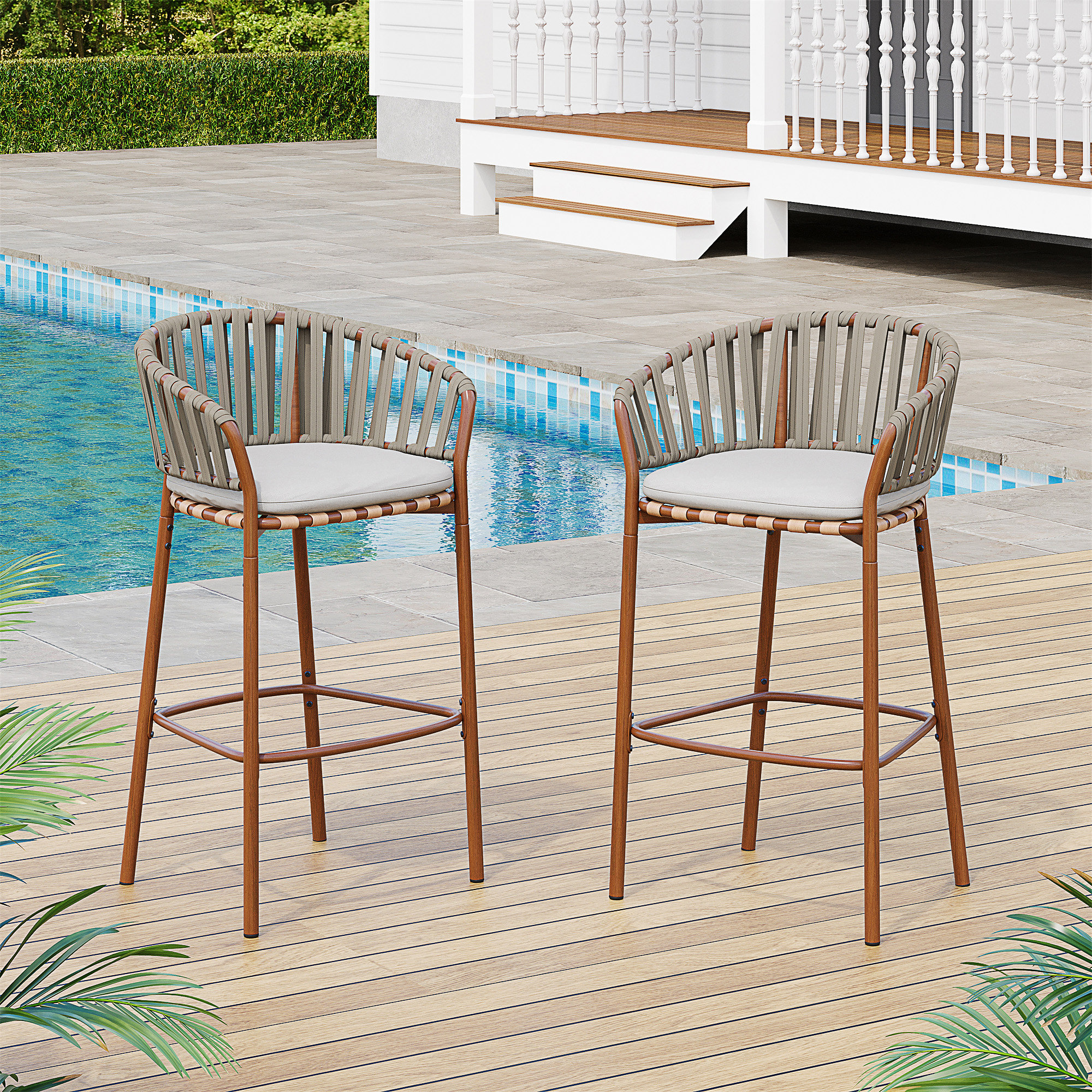 Dakota Fields Lodi Outdoor Matal Rope Barstool, Teak Finished Frame And ...