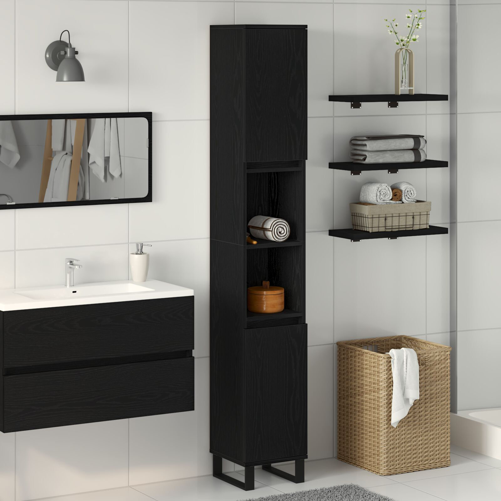 VidaXL Bathroom Cabinet Black Oak Engineered Wood Tall Vanity Unit ...