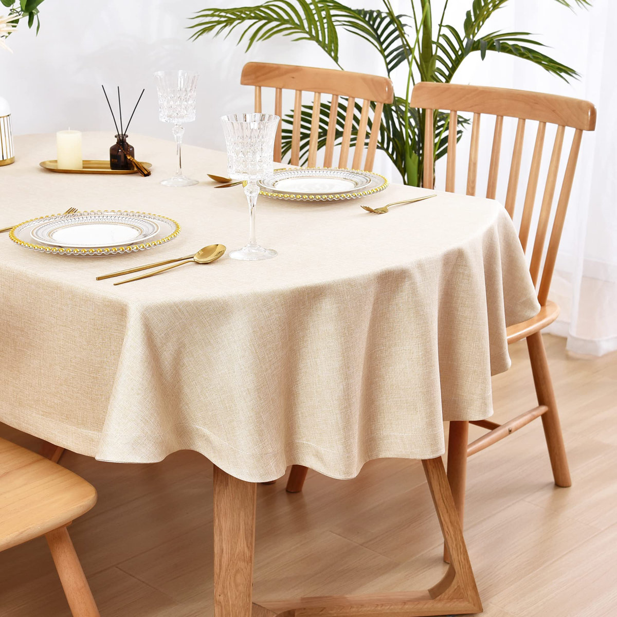 Ebern Designs Oval Hemstitch Border Tablecloth Neutral Faux Linen Table ...