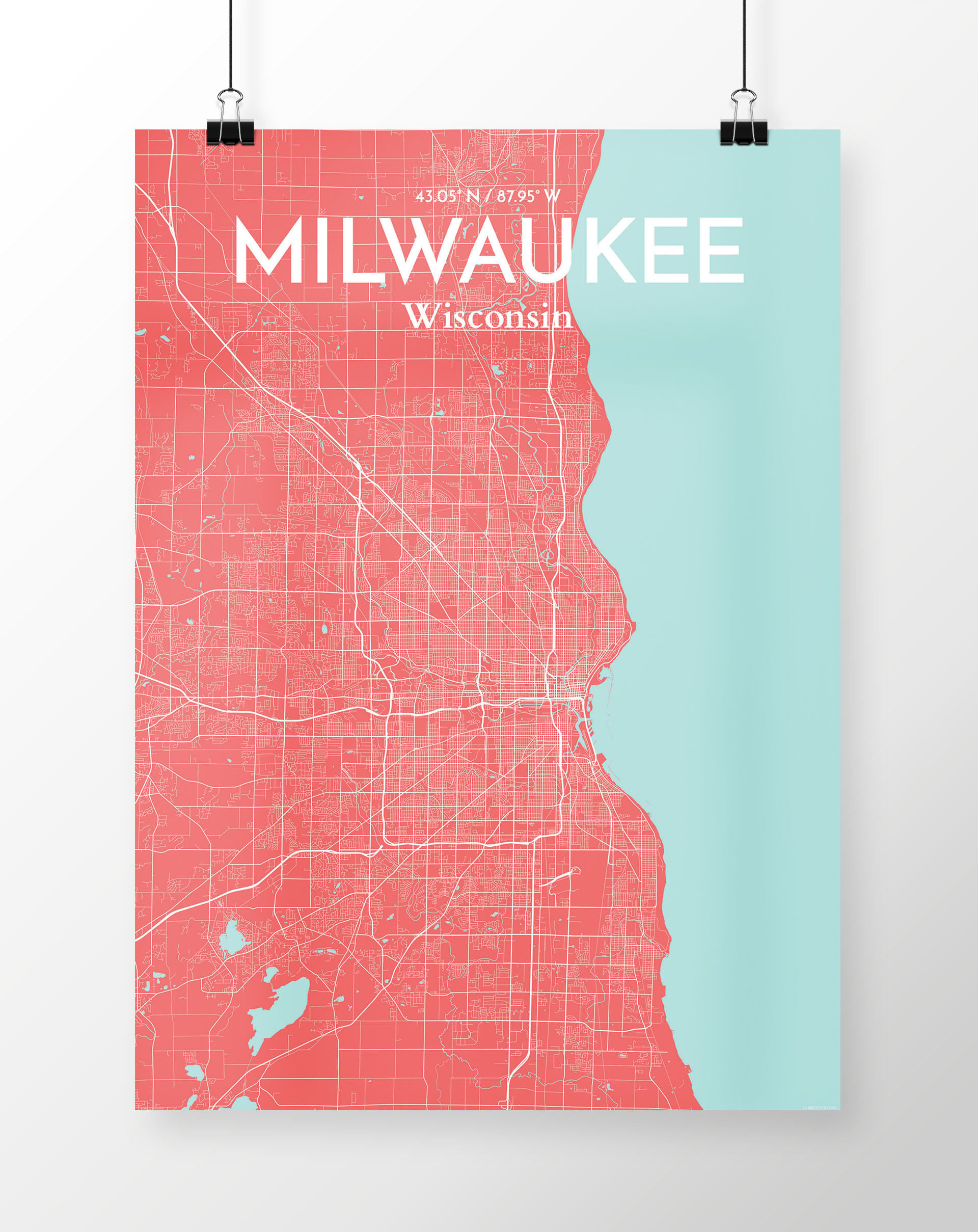 Wrought Studio 'Milwaukee City Map' Graphic Art Print Poster in Pink ...
