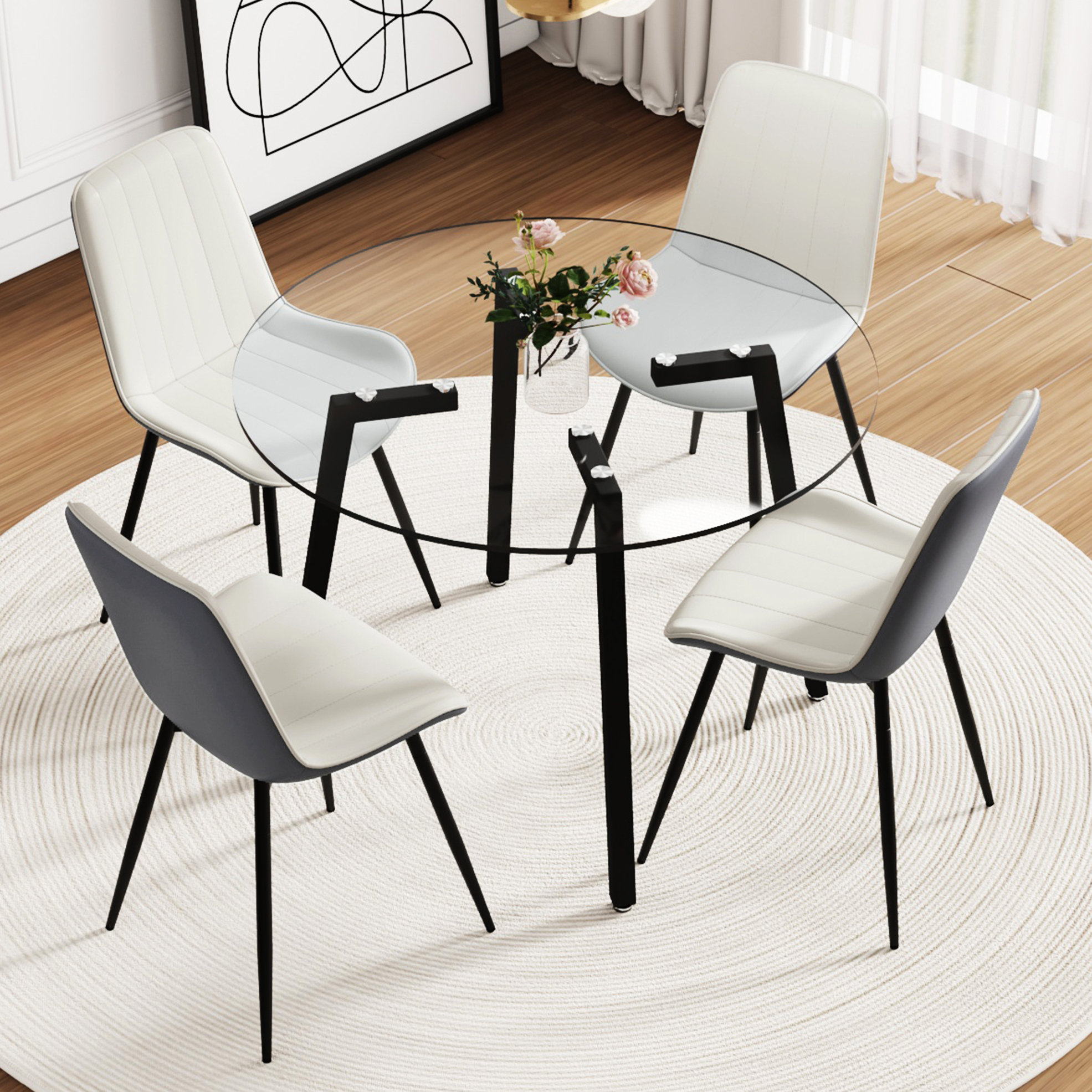 George Oliver Clear Tempered Glass Table, 42 Inch Diameter, With Black ...