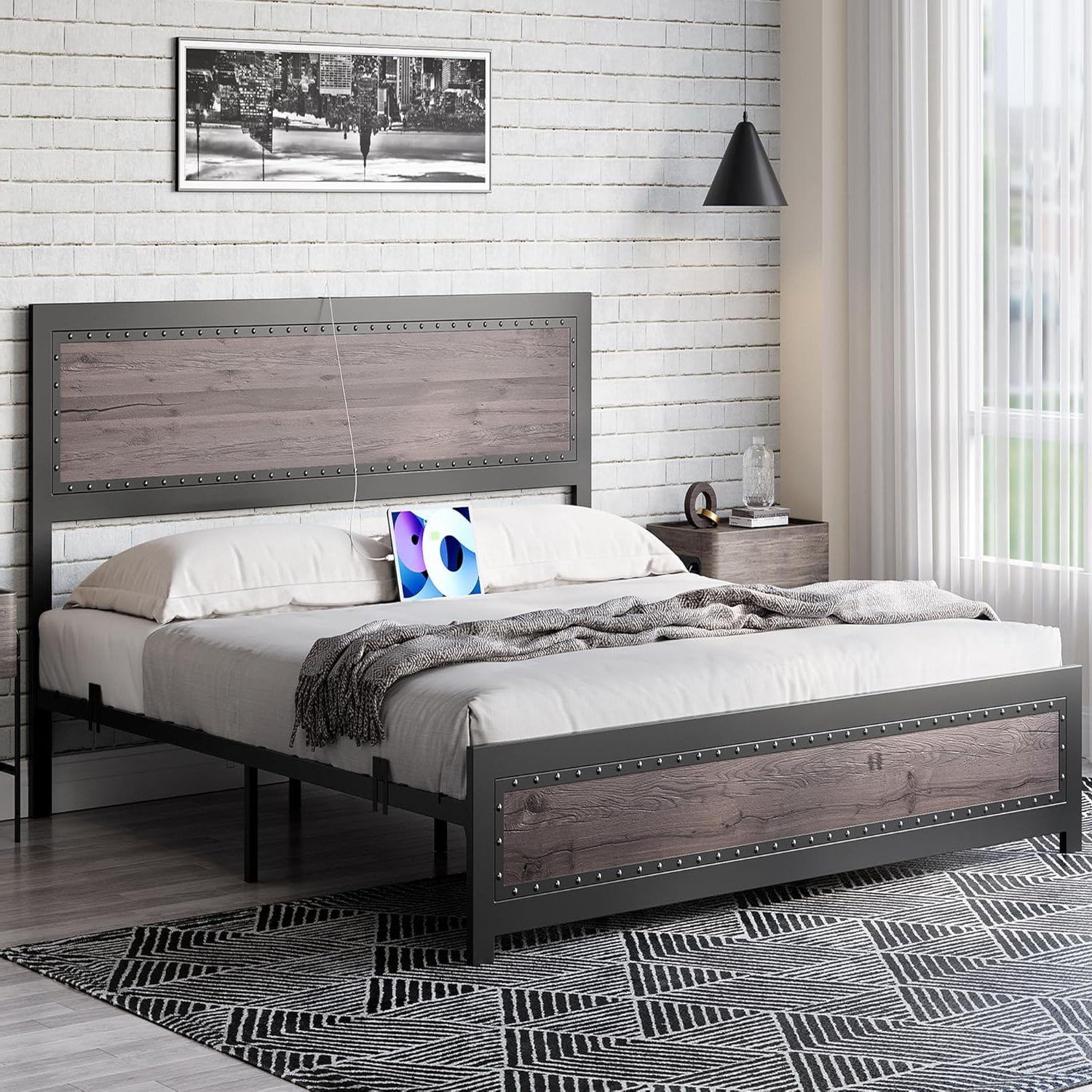 Williston Forge Industrial Platform Bed Frame With Charge Station, No ...
