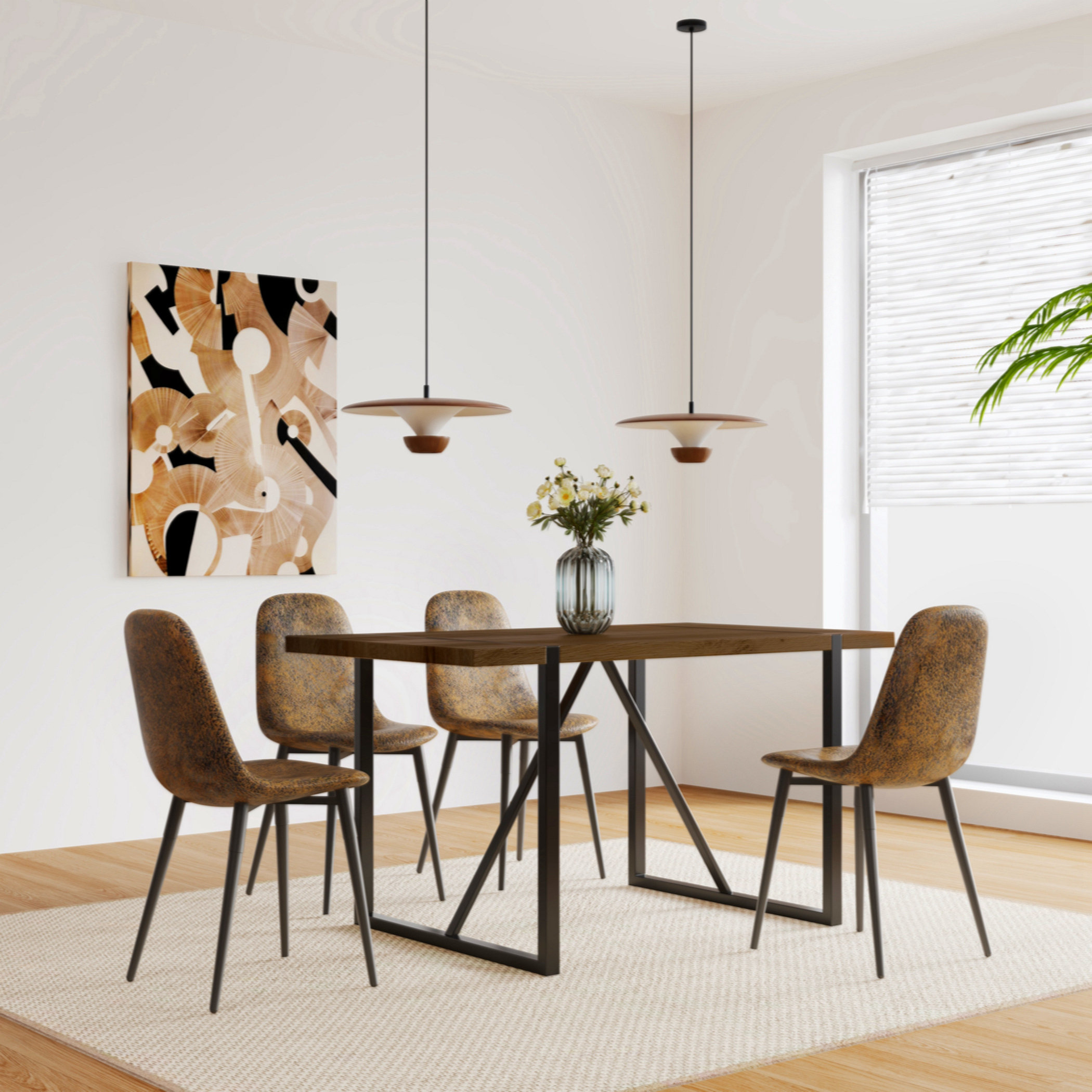 17 Stories MDF Walnut Colour Dining Table And Modern Dining Chairs Set ...