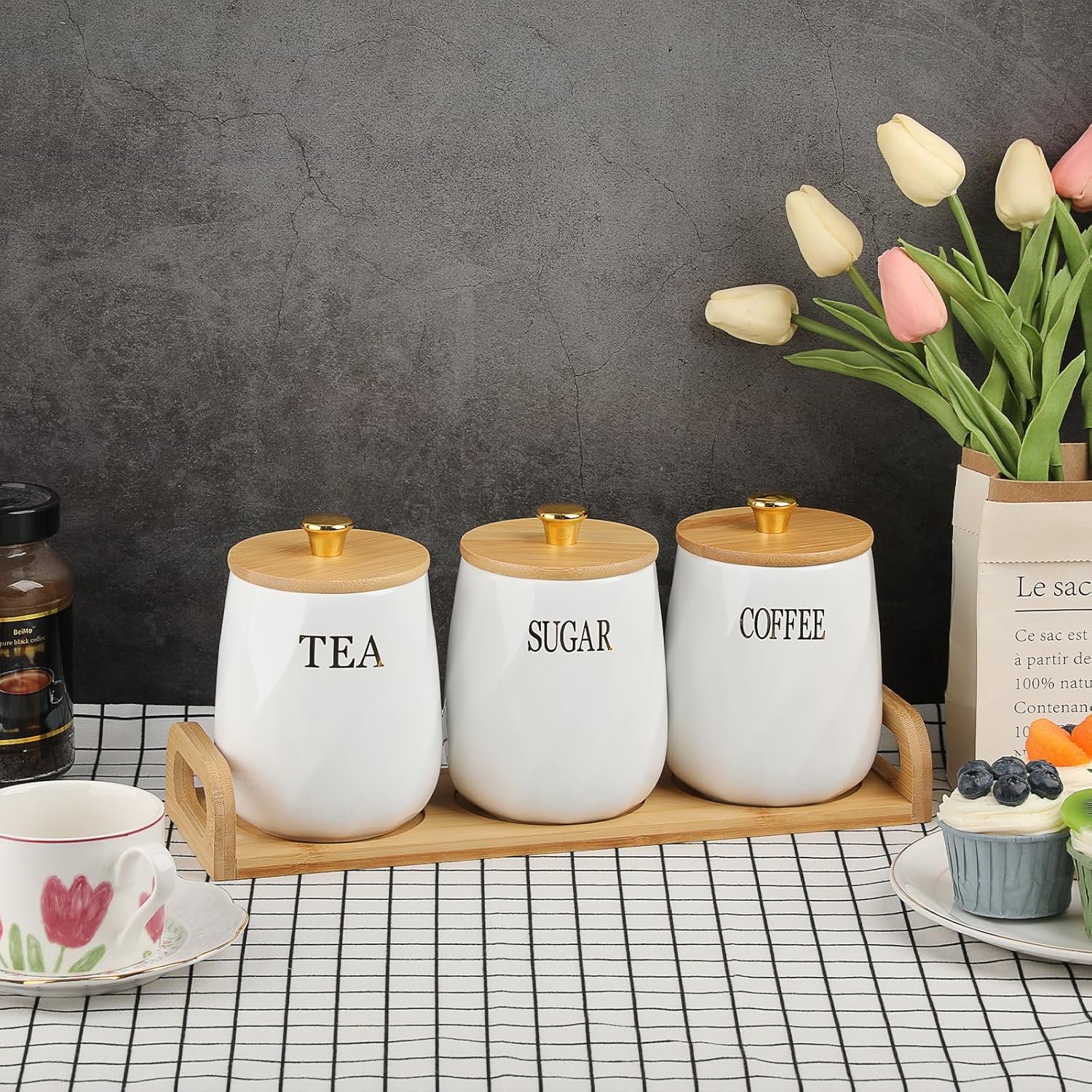 Latitude Run® Set Of 3 Ceramic Canisters Set For Sugar Coffee Tea With ...