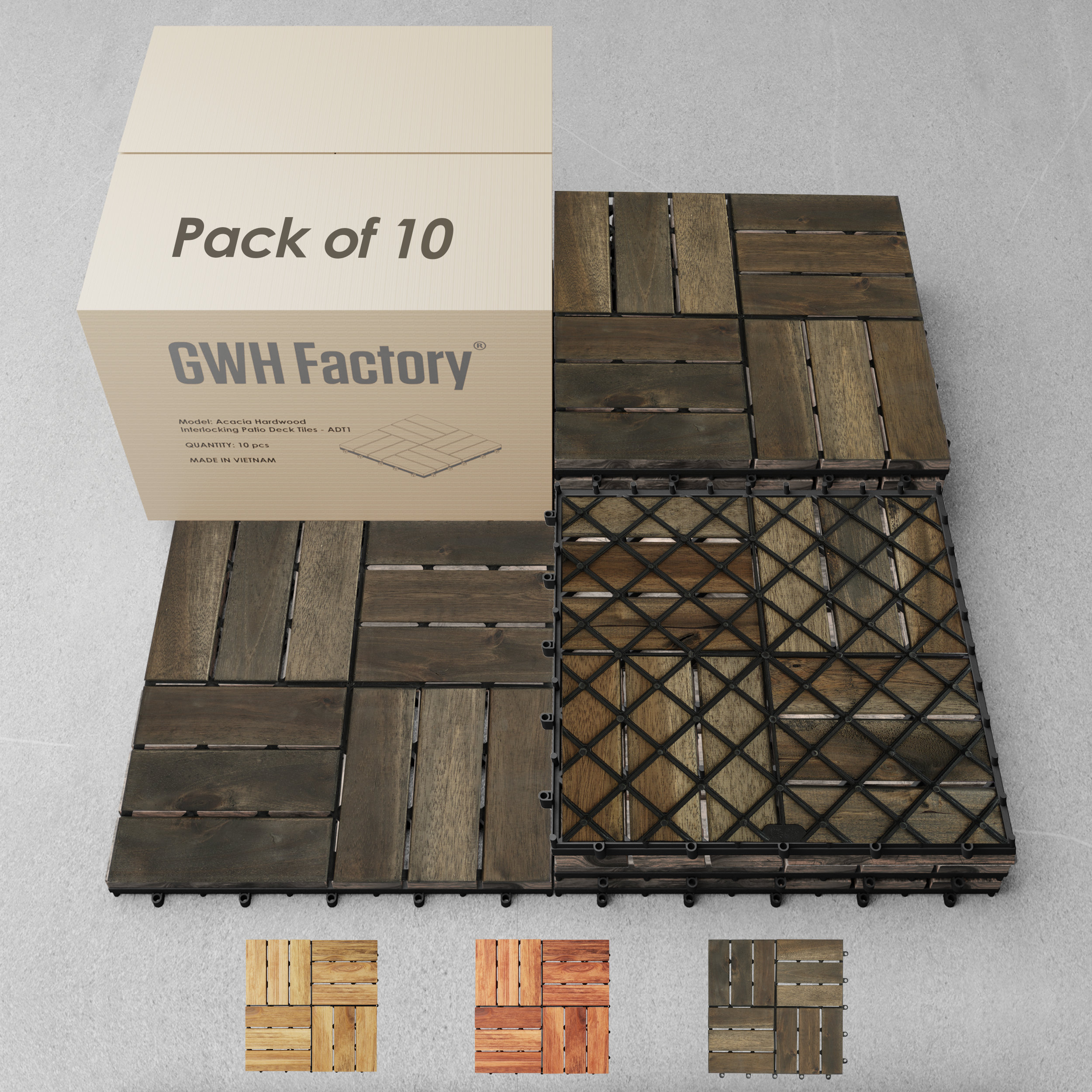 GWH ADT1 Acacia Hardwood Interlocking Patio Deck Tiles, 12" × 12" (pack ...