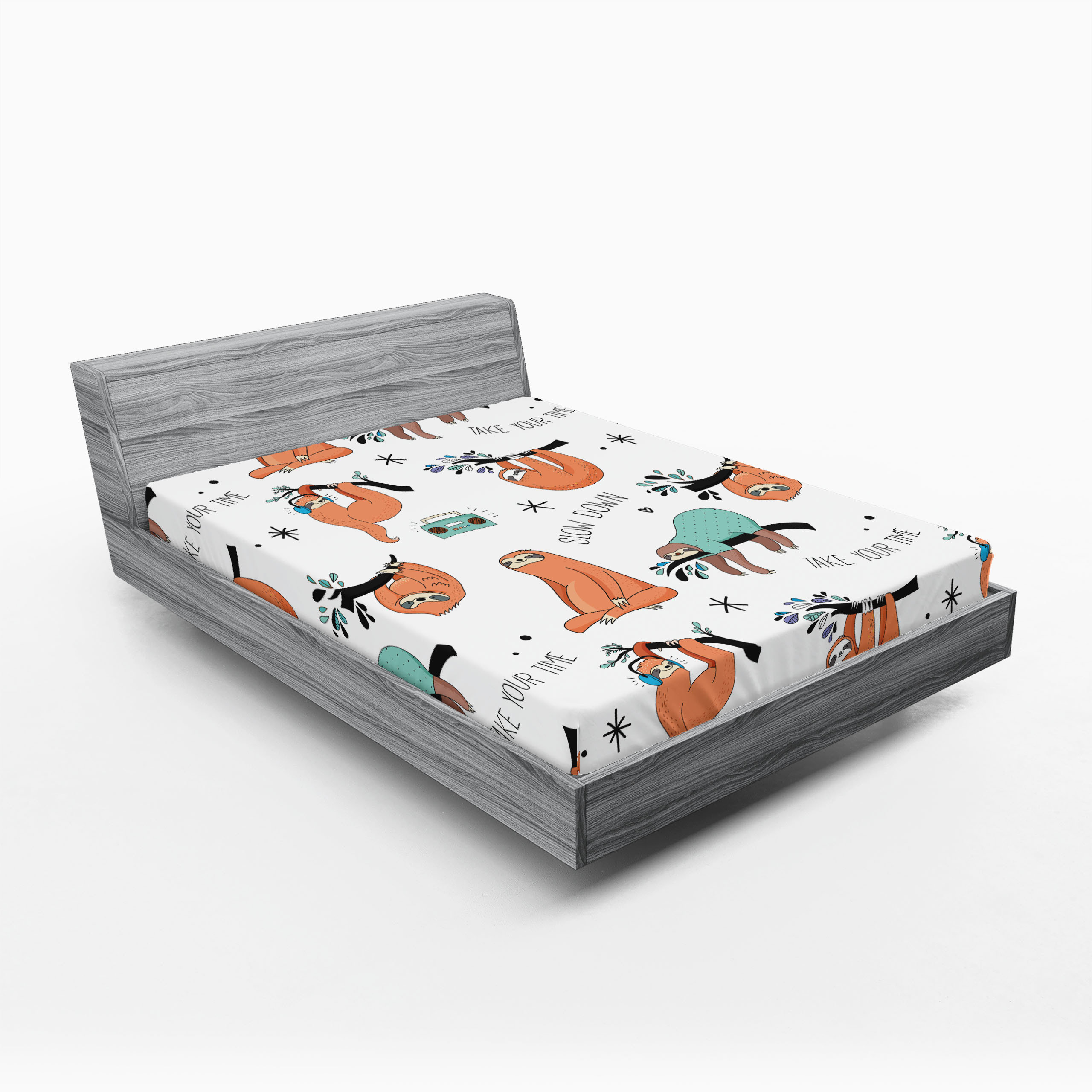 Ambesonne Sloth Fitted Sheet 2-Pack Sloths on Branches Pale Blue Orange ...