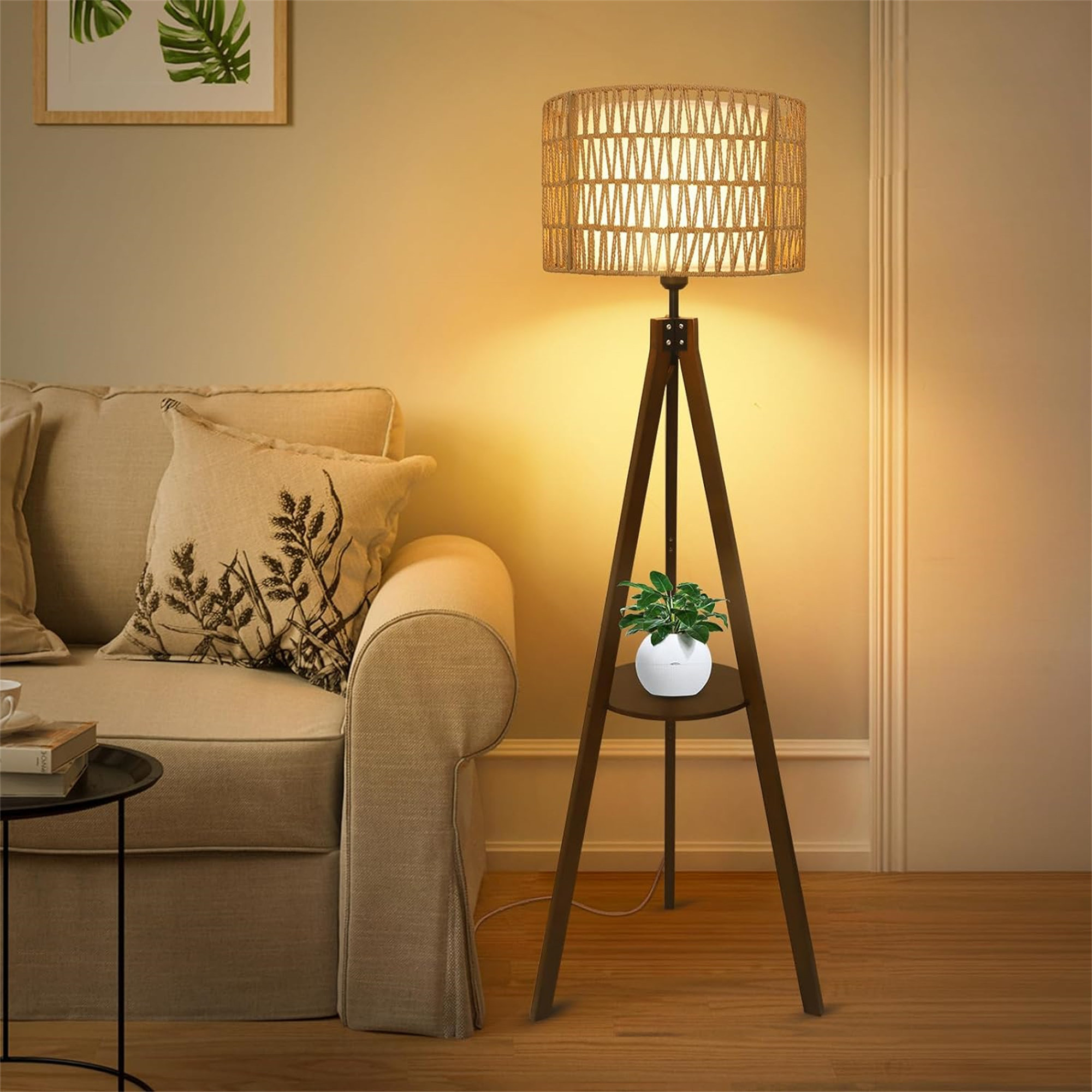 Bay Isle Home™ Boho Tripod Floor Lamp With Shelves, Mid Century Wood ...