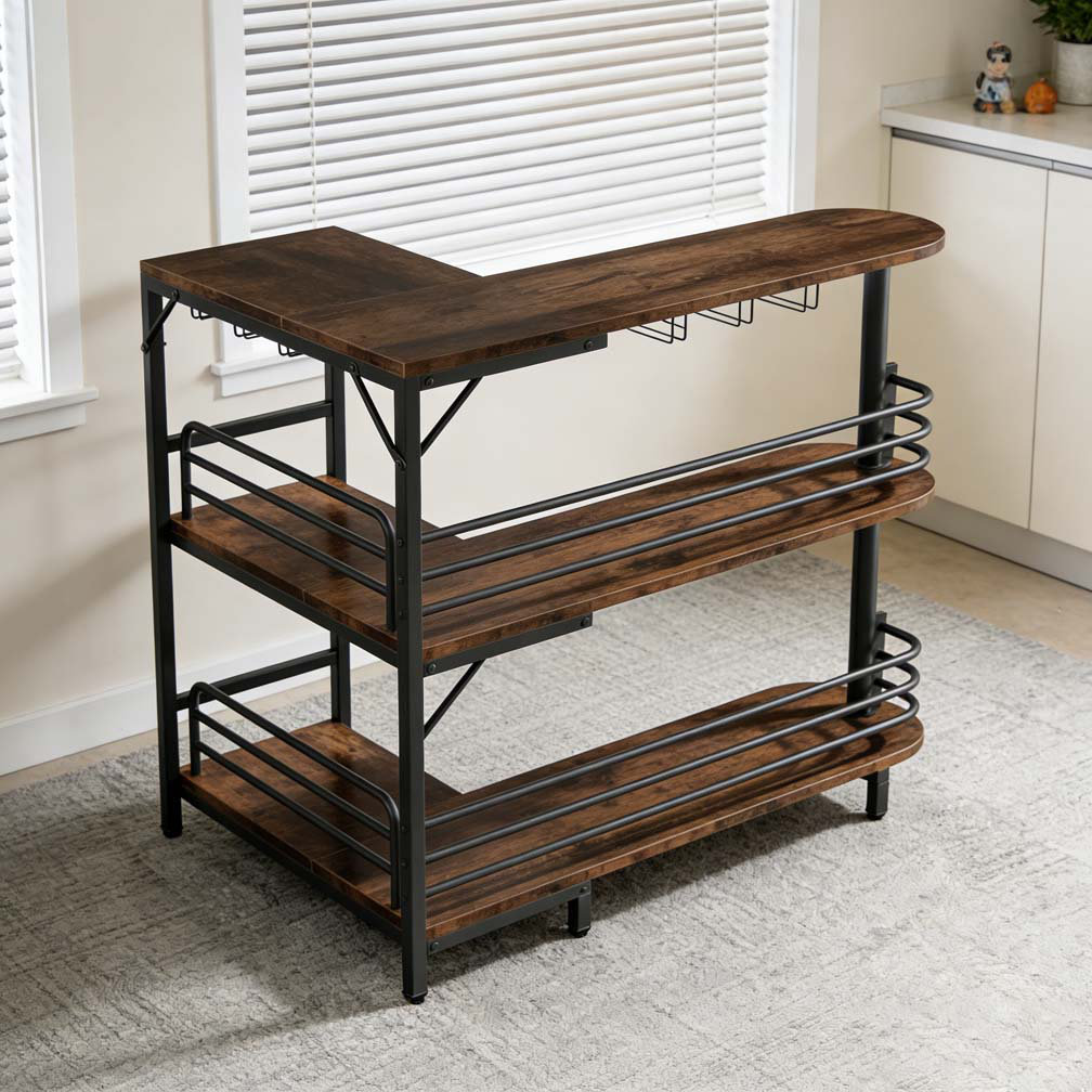 George Oliver L-Shaped Bar Unit Liquor Bar Table with 3-Tier Racks and ...