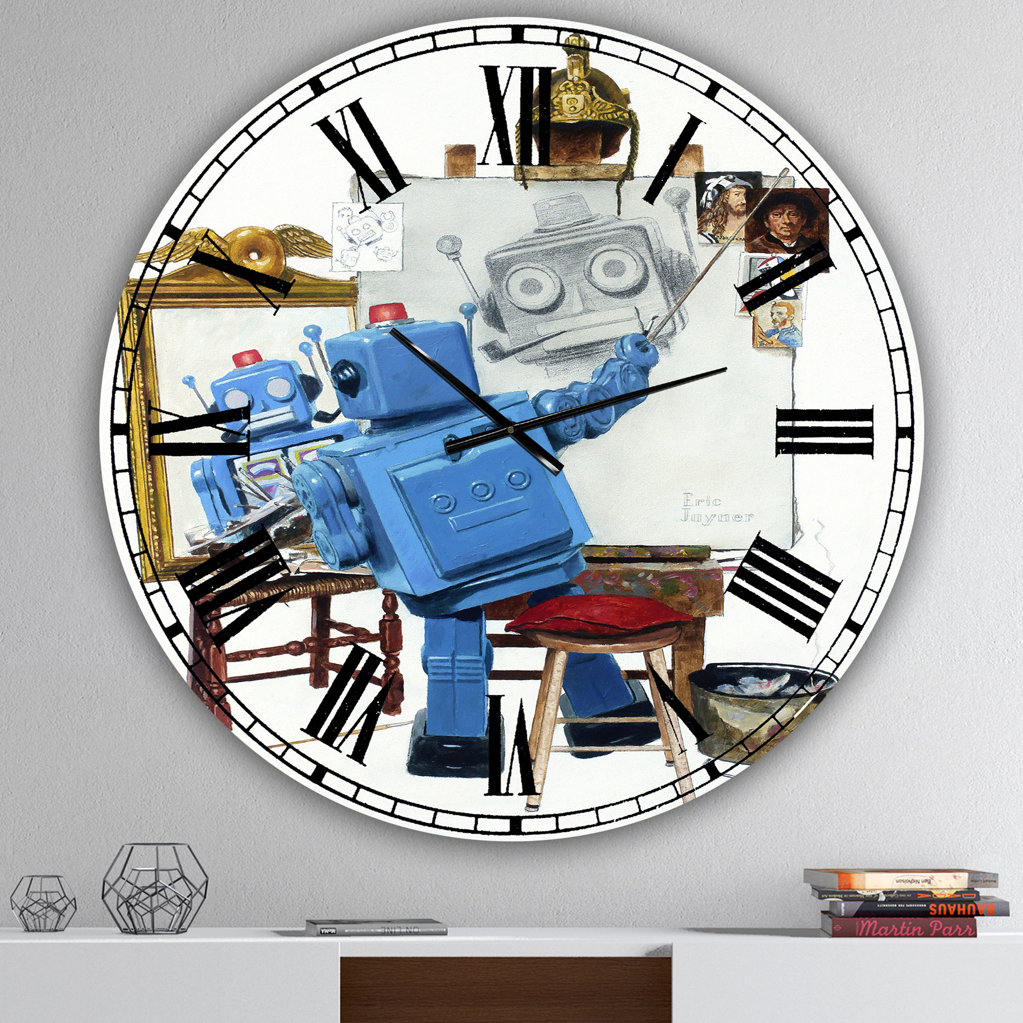 East Urban Home Robot Painting Selfie - Oversized Modern Wall Clock ...