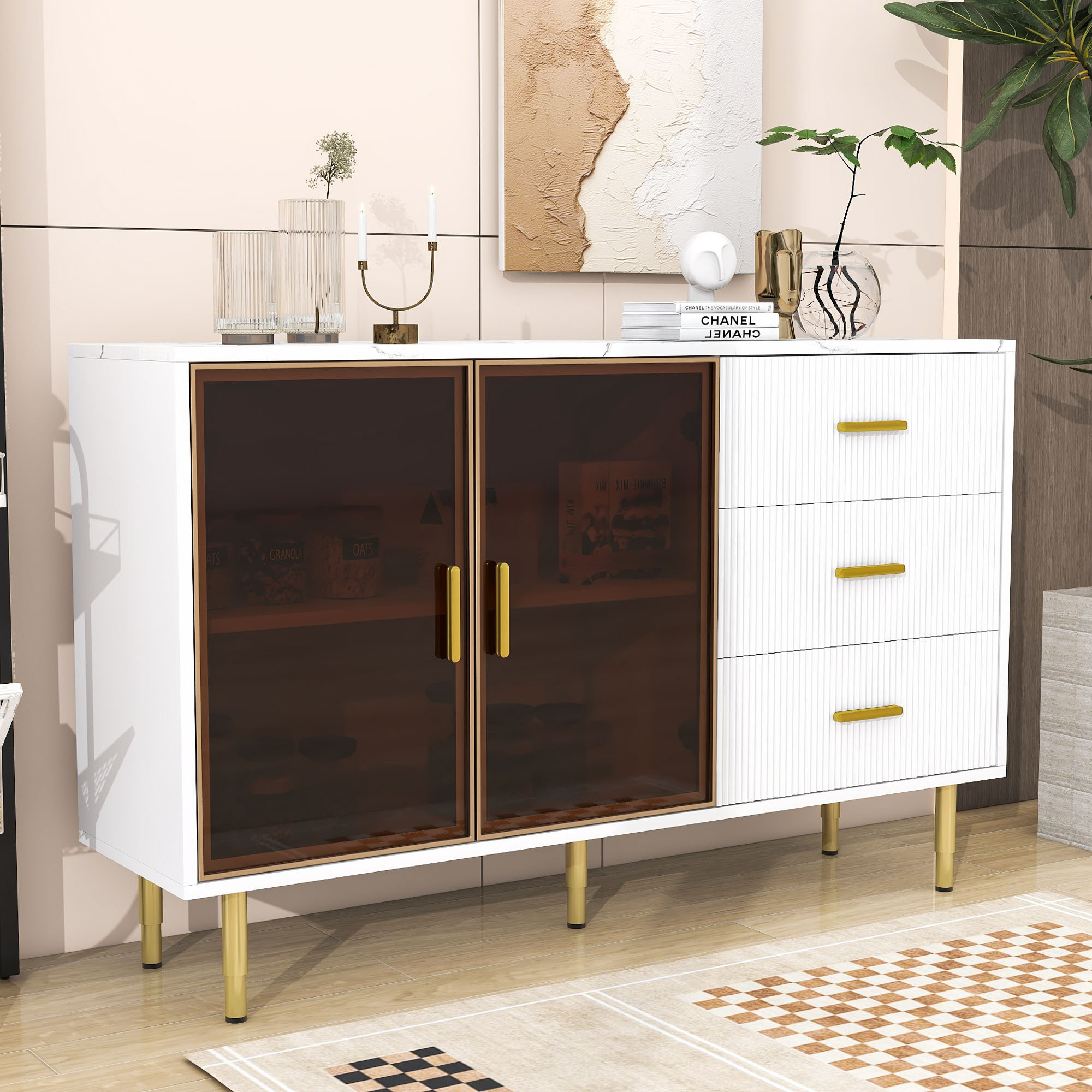 Mercer41 Revley Modern Sideboard with Marble Sticker Top, Buffet ...