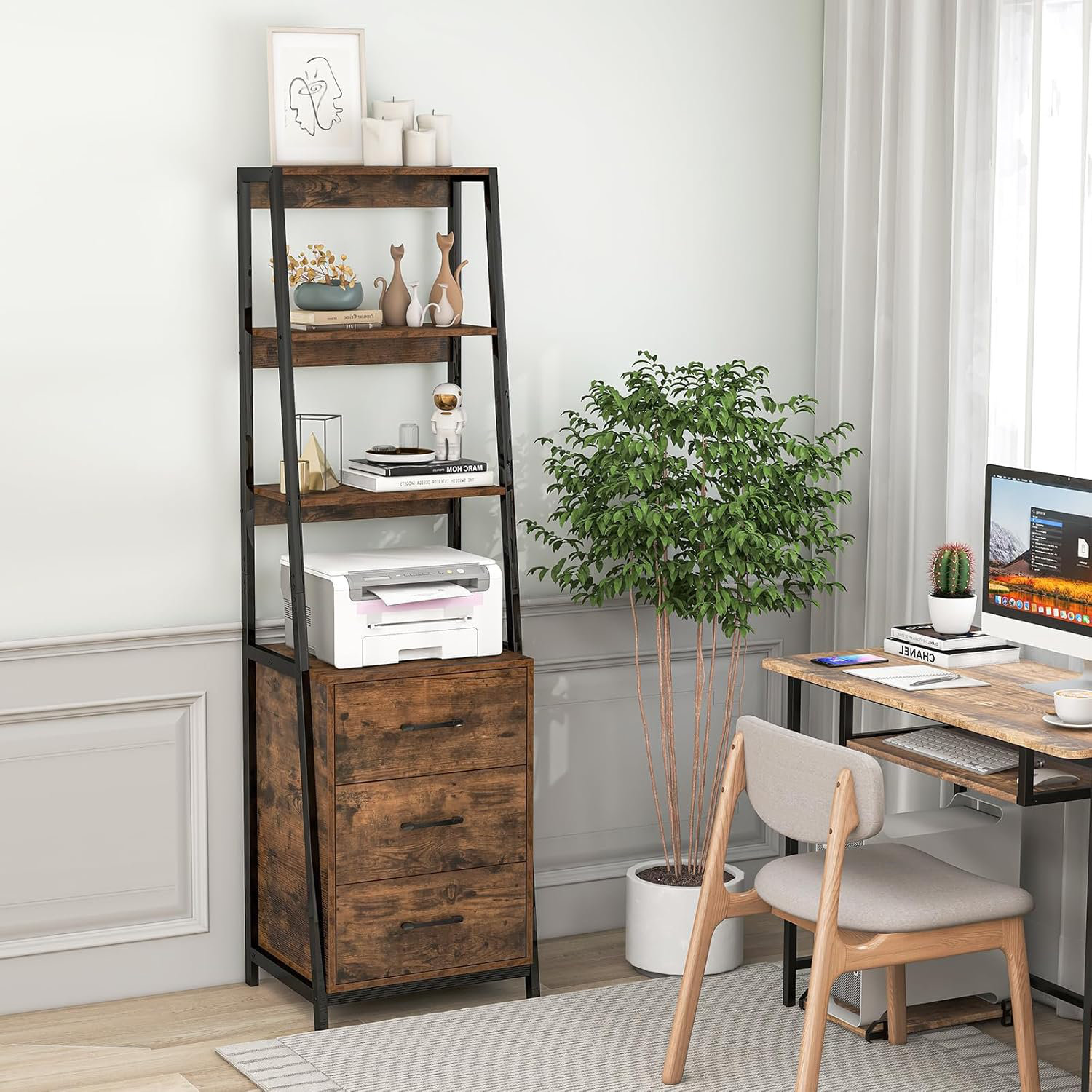 17 Stories Ladder Bookshelf With Drawers, 69" Tall Wooden Bookcase With ...