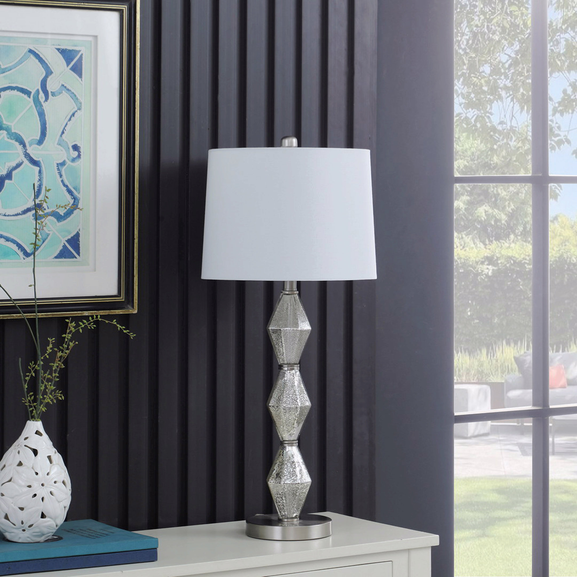 Wrought Studio Moderne Geometric Glass Brushed Silver Table Lamp ...