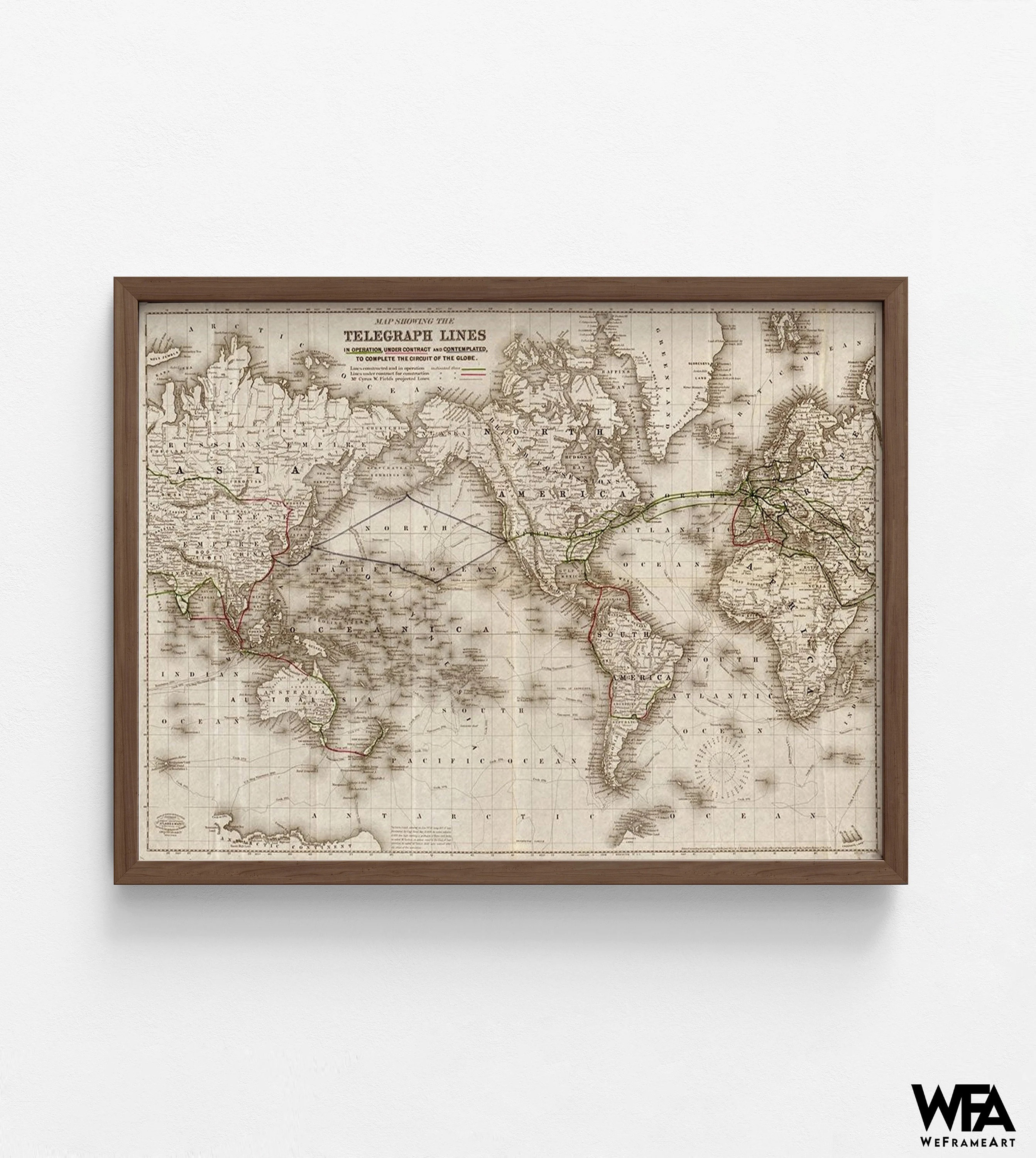 WeFrameArt World Telegraph Lines Map, Antique Telegraph Print, World ...