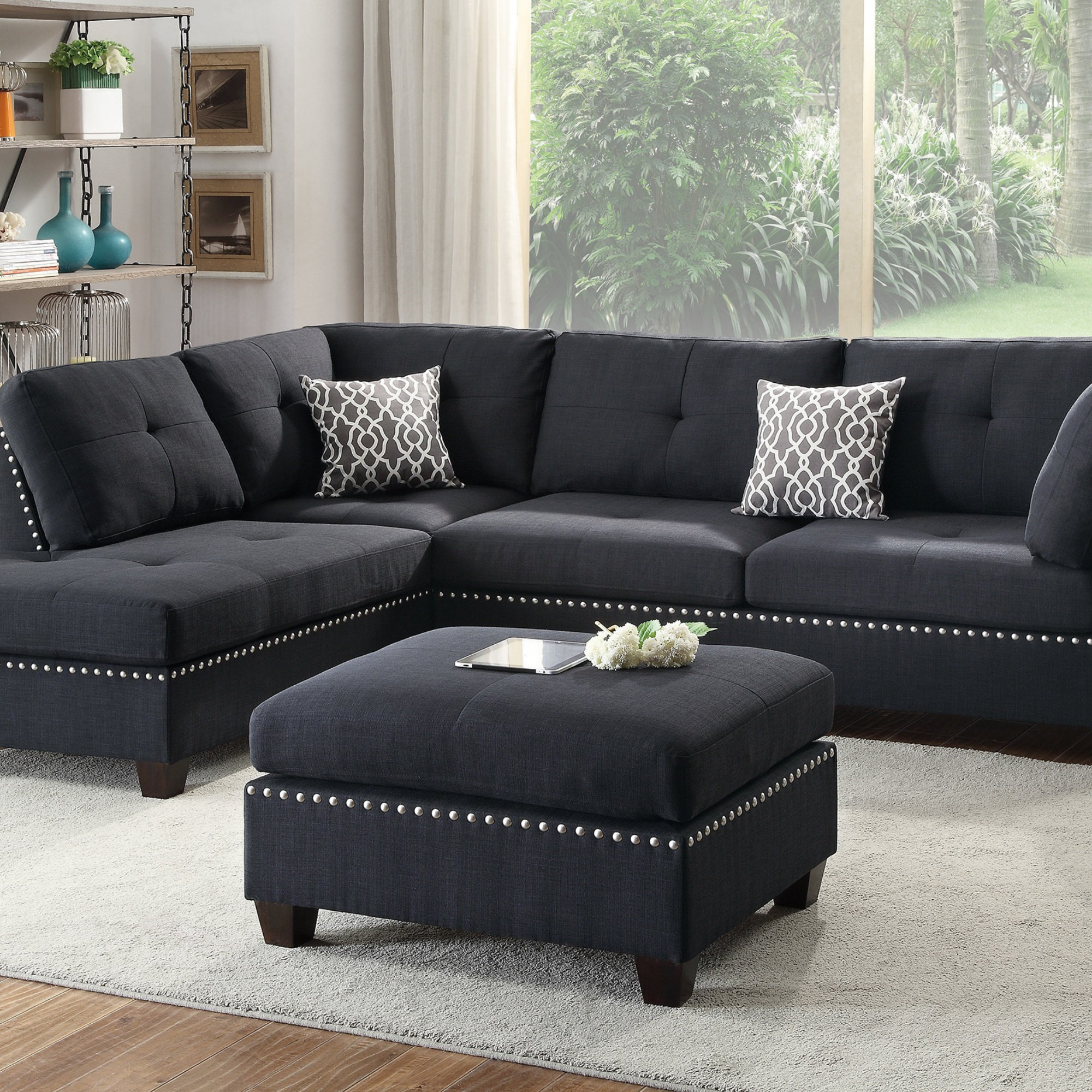 Latitude Run® 3-Pcs Sectional Sofa Black Polyfiber Cushion Sofa Chaise ...