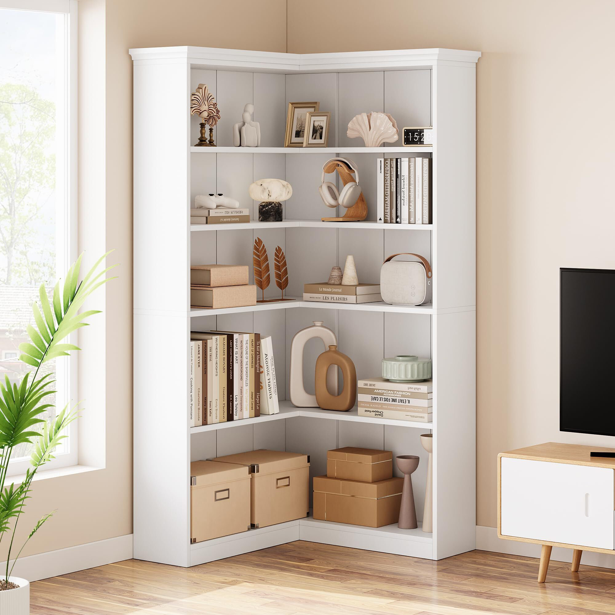 Mercer41 Farmhouse Bookshelf Corner Bookcase 72.8” Large Bookcase ...