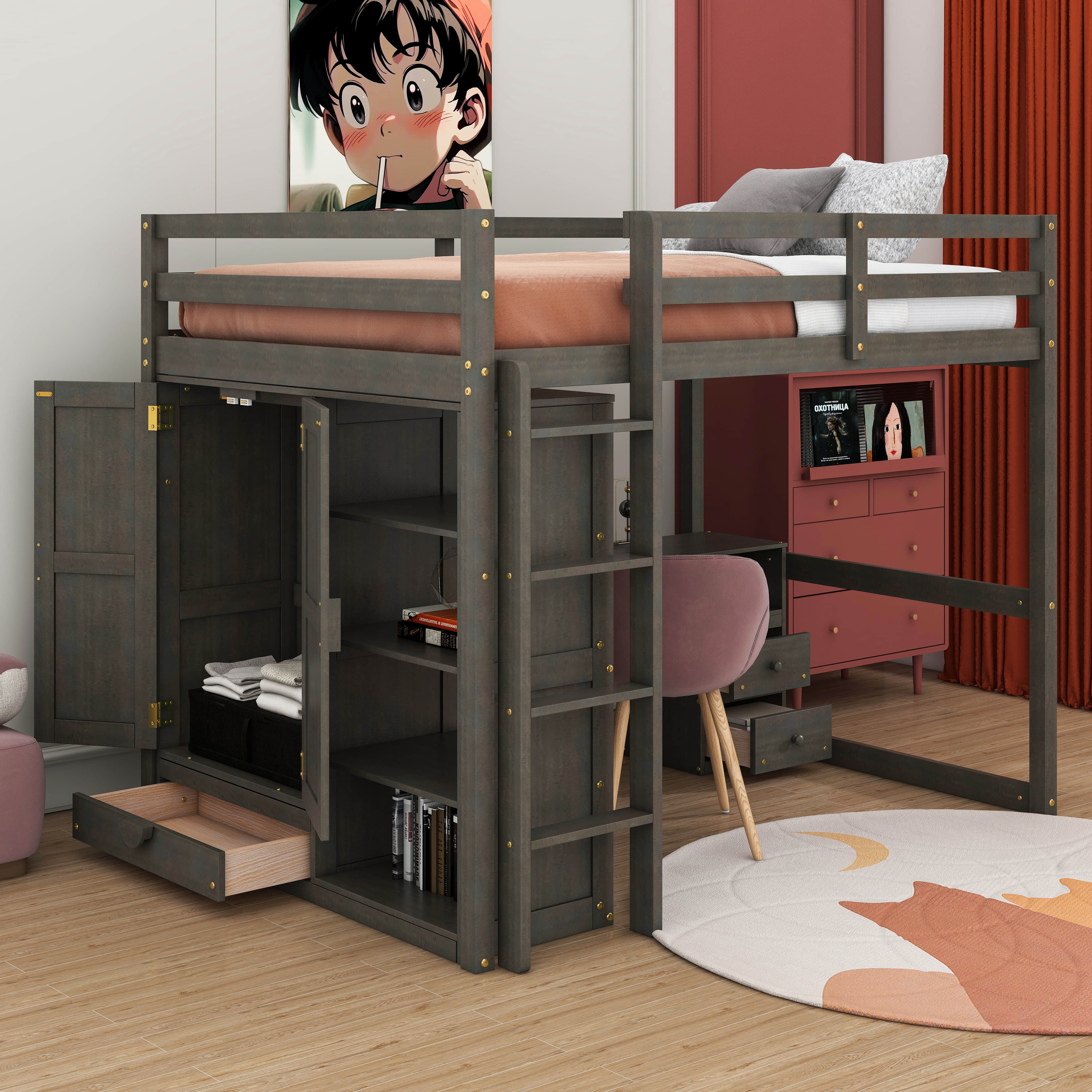 Harriet Bee Wood Full Size Loft Bed With Built-In Wardrobe, Desk ...