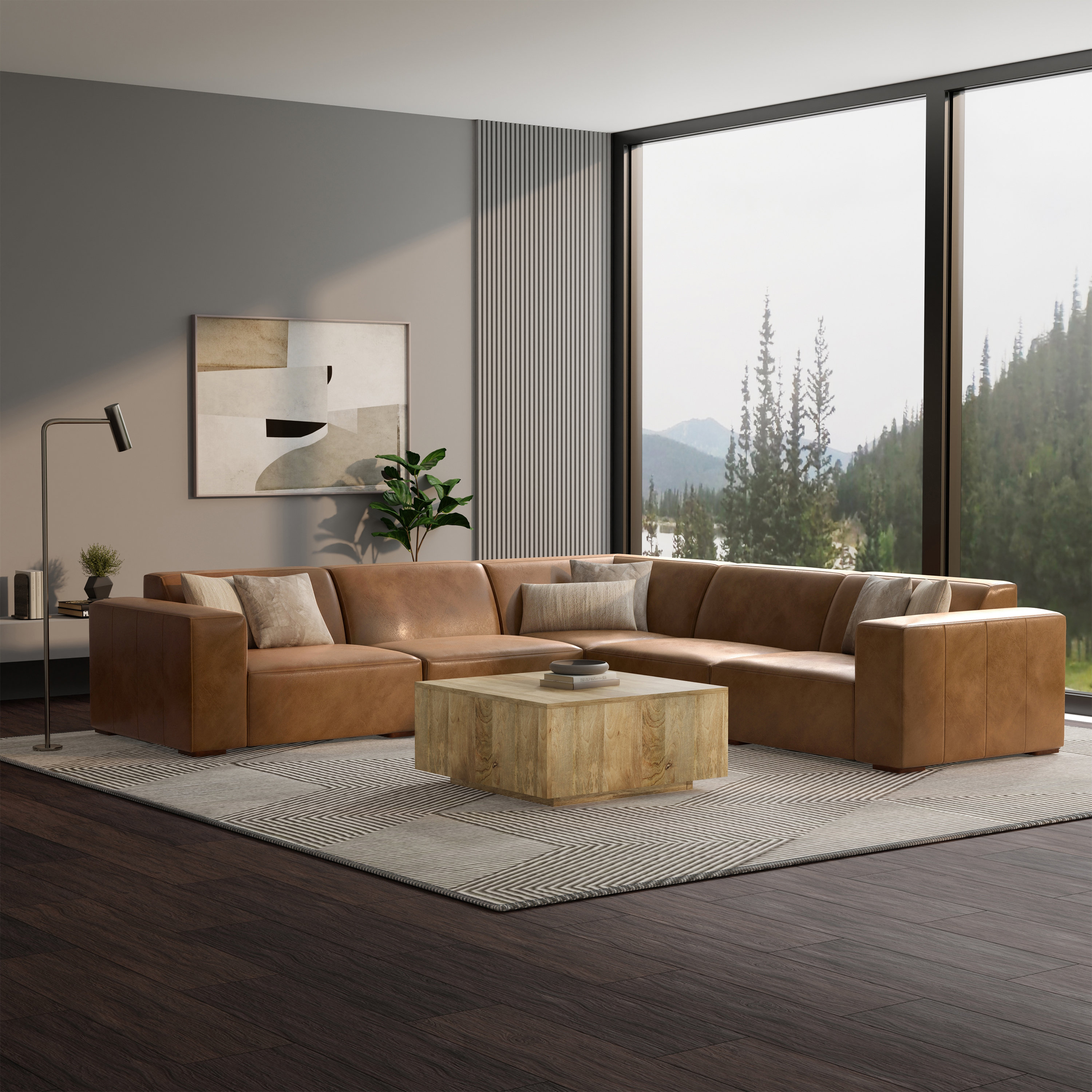 Simpli Home Grand canapé modulaire en L Rex en cuir véritable à 5 ...