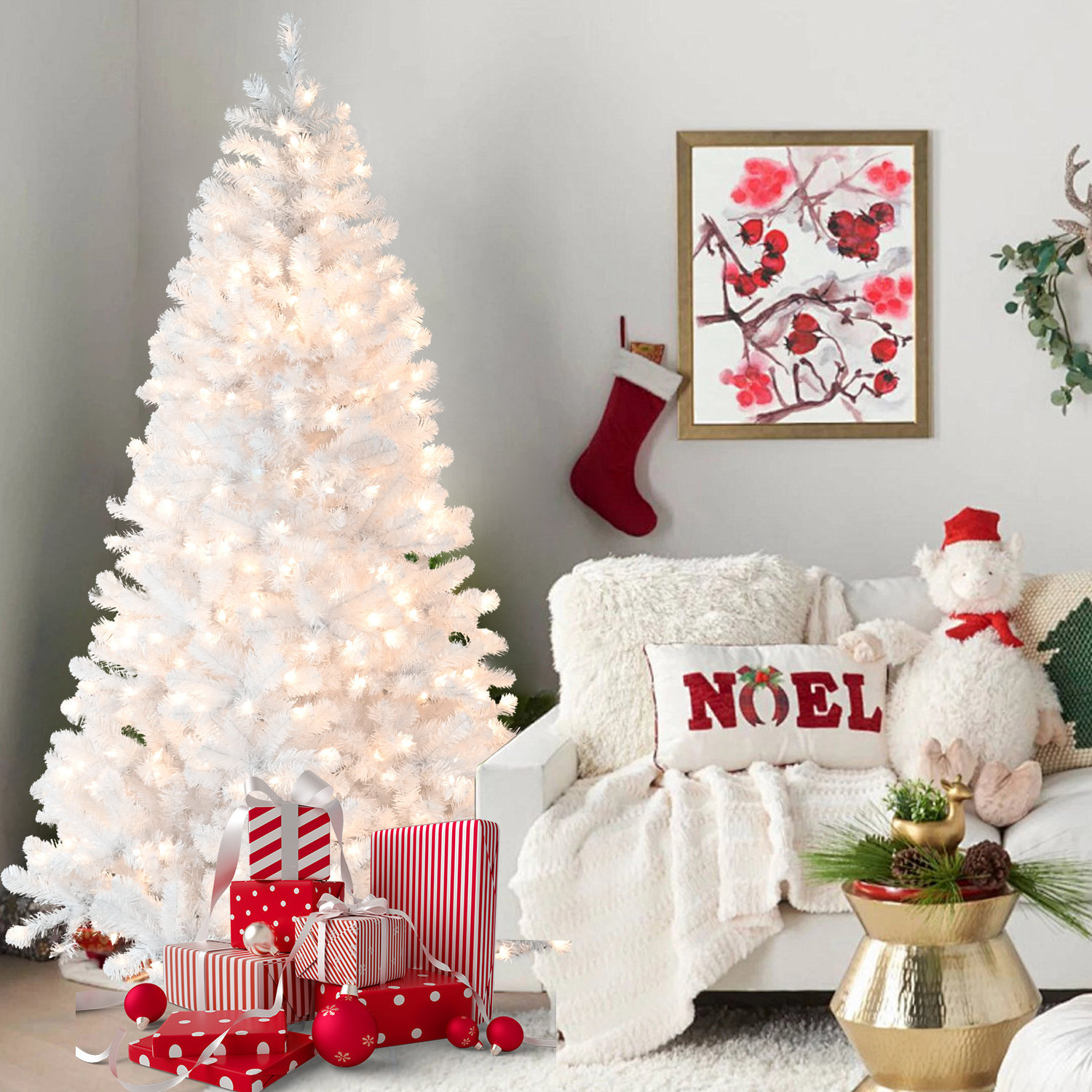 The Holiday Aisle® 7.5FT Pre-Lit White Christmas Tree with Memory Wire ...