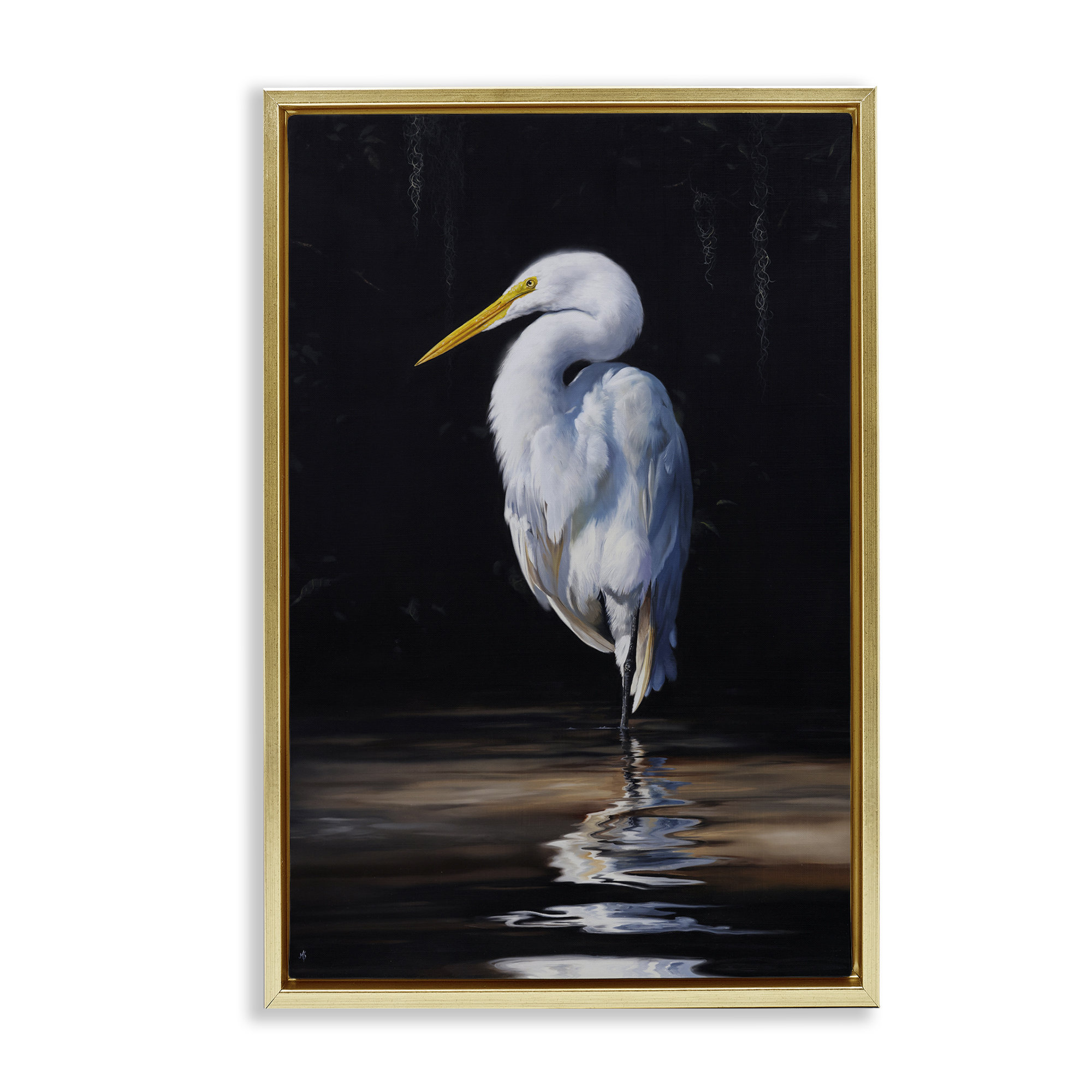 Beachcrest Home™ Balancing Egret Bird Gold Framed Floater Canvas by ...