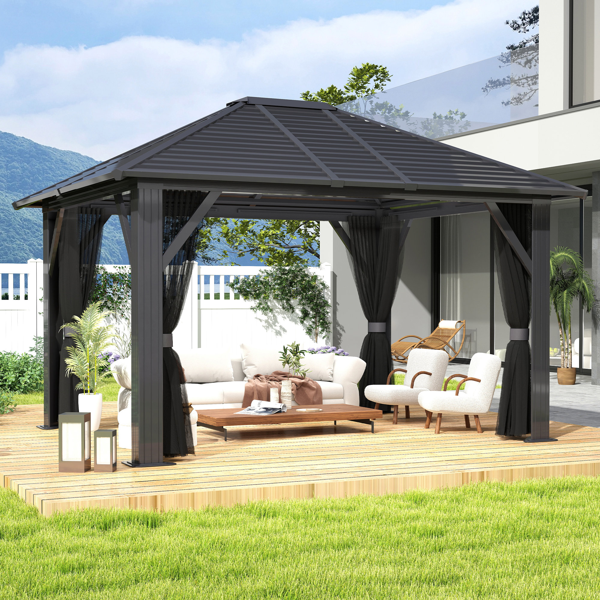 Gartoo Pavillon de jardin en aluminium avec toit rigide et filet ...