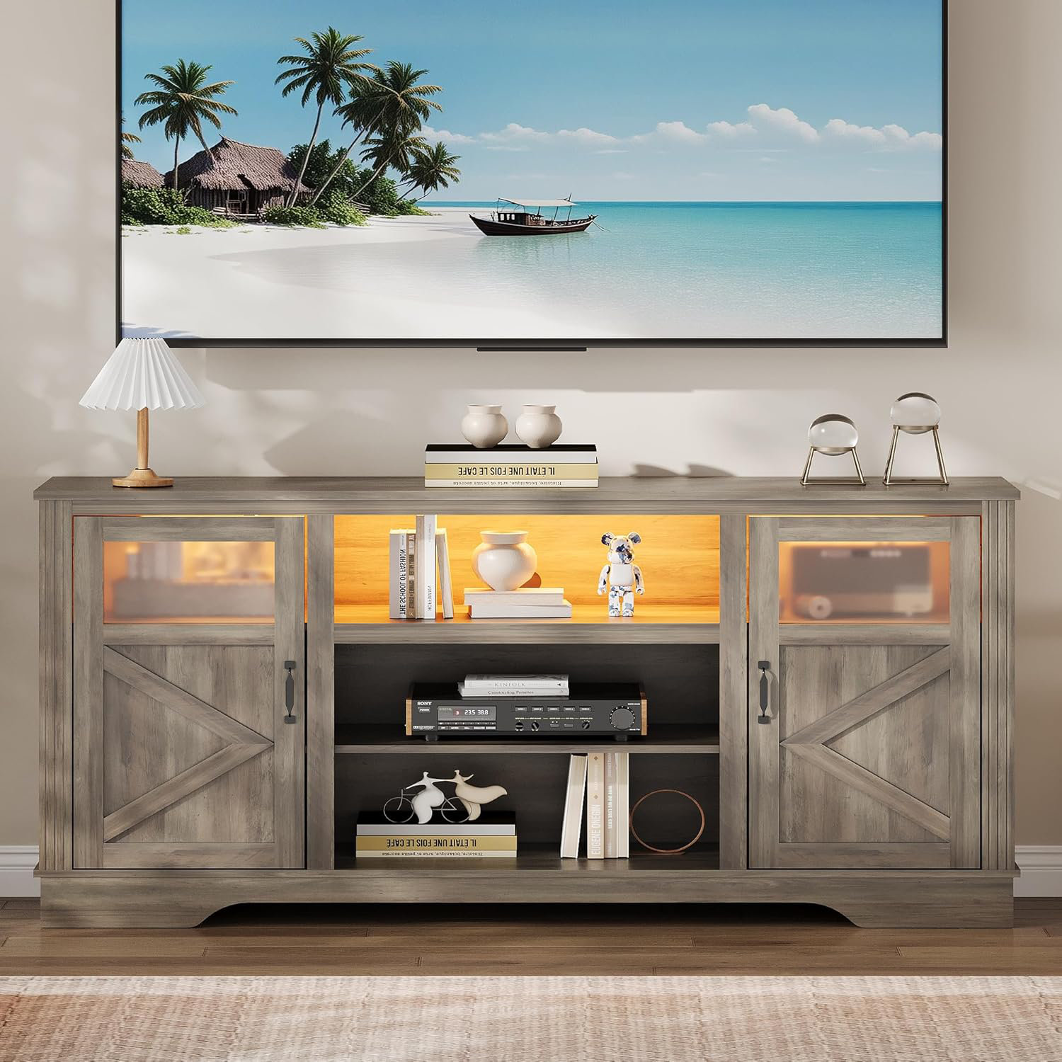 Wrought Studio™ Farmhouse TV Stand With LED Lights, Entertainment ...