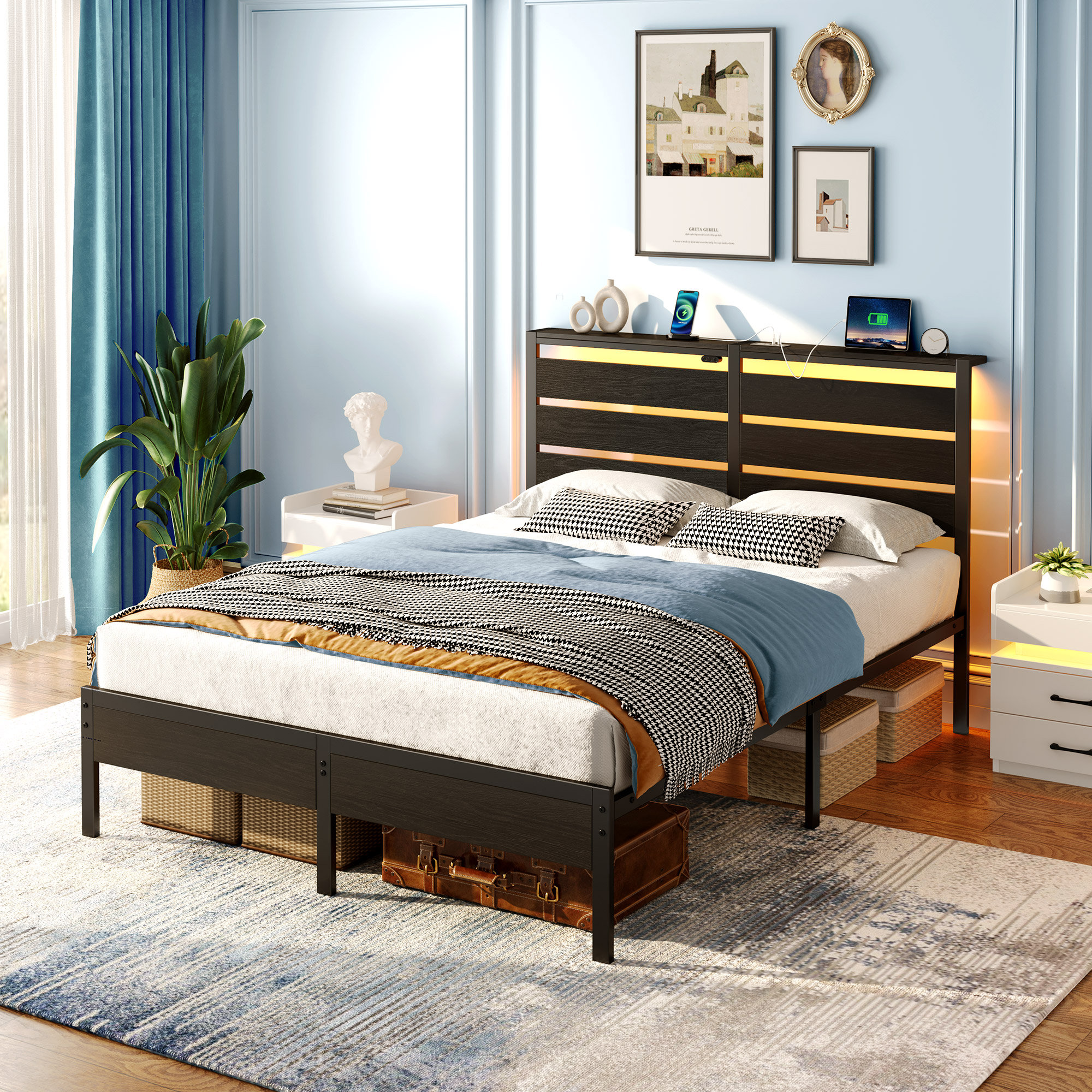 17 Stories Hana Bed Frame with Headboard & LED Lights, Metal Slat Bed ...