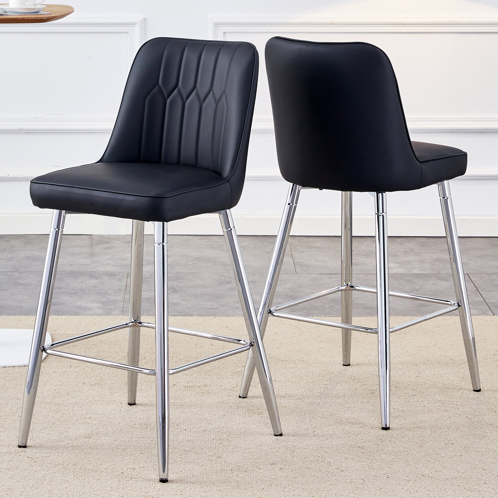 Corrigan Studio® Set of 2 modern black pu bar stools with silver metal ...