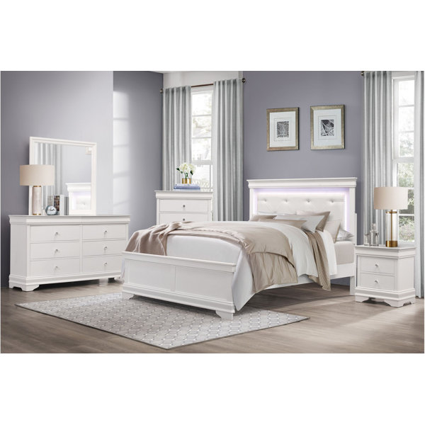 Red Barrel Studio® Jillane White Upholstered LED Panel Bedroom Set 3&2 ...