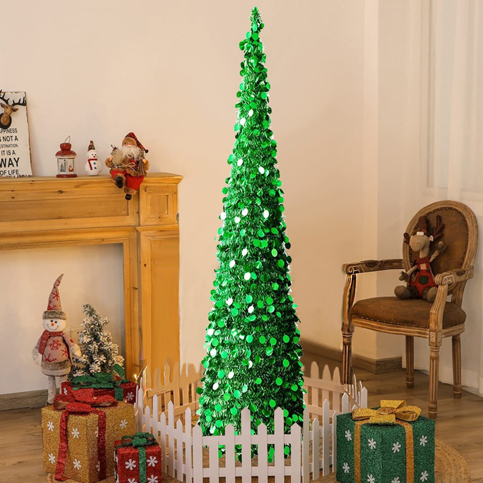 The Holiday Aisle® 4.9FT Christmas Tinsel Pop Up Trees Easy-Assembly ...