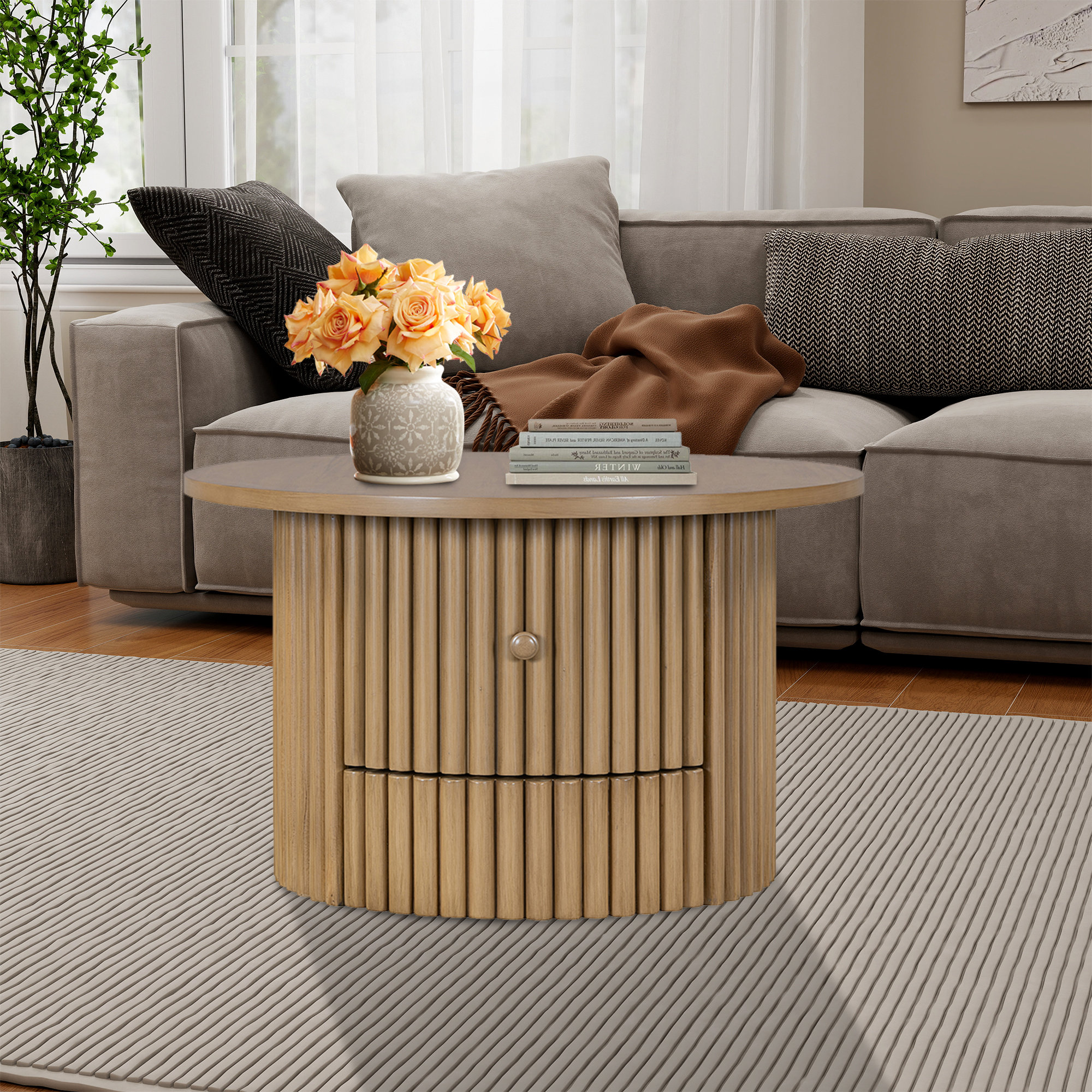 Wrought Studio™ Round Wood Coffee Table,Accent Center Table With Drawer ...