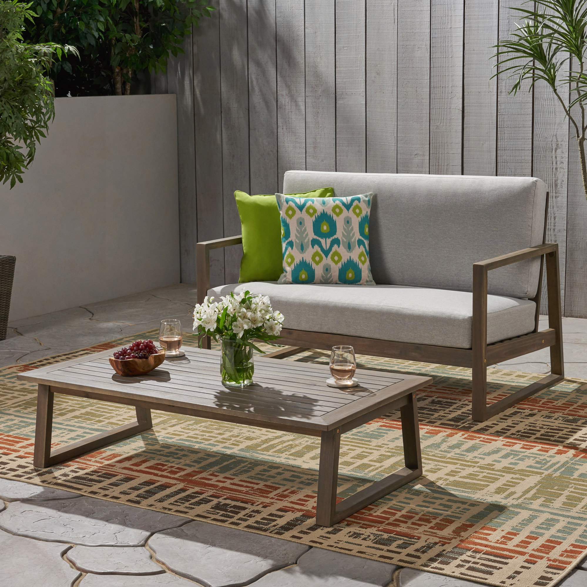 Latitude Run® Acacia Wood Outdoor Loveseat Set, Slatted Design & Water ...