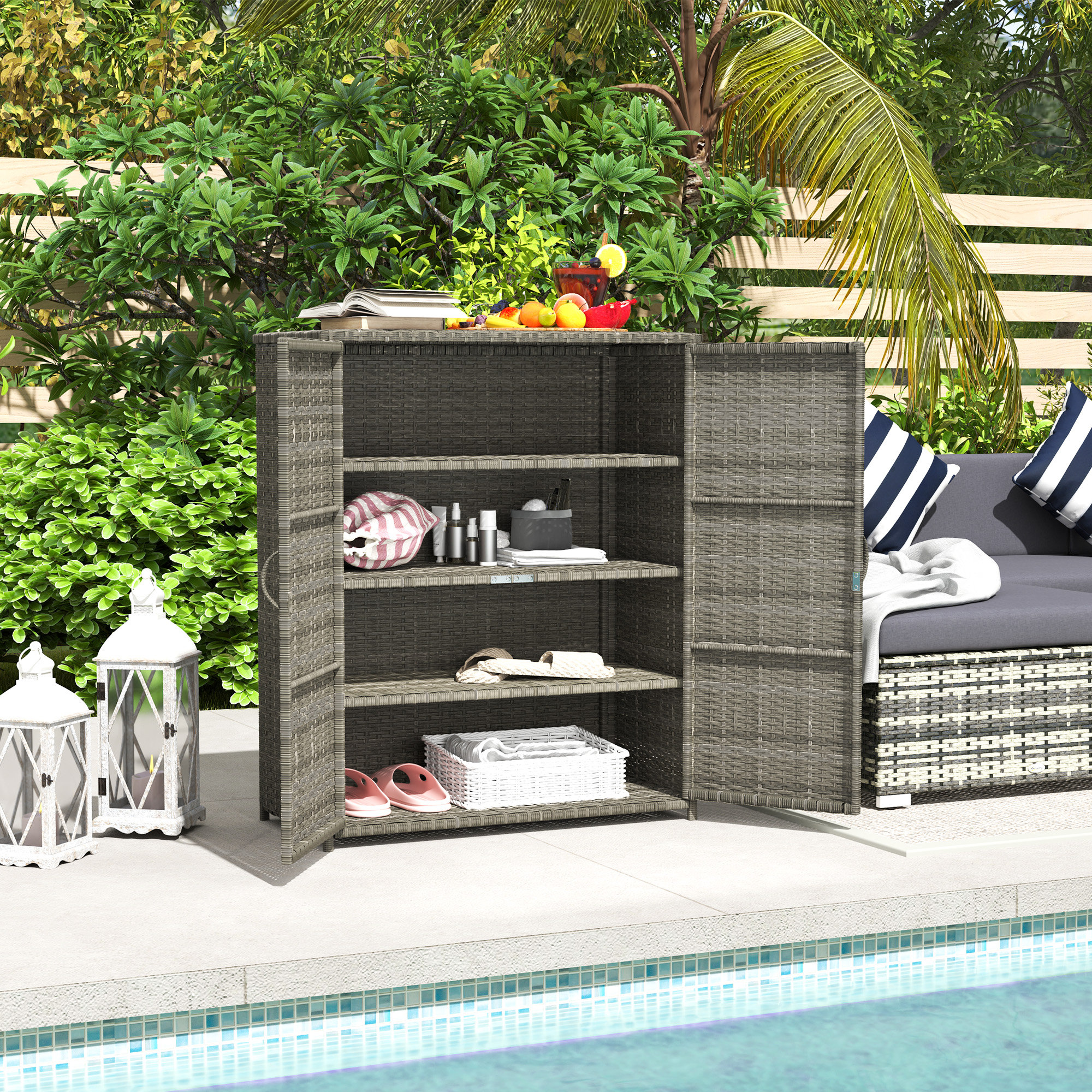 Outsunny Wicker Outdoor Storage Cabinet with Shelves, 4-Shelf Outdoor ...