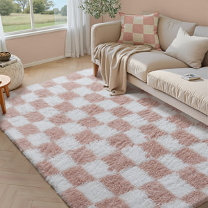 Ebern Designs Celi Modern Checkered Shag Area Rug with Non-Slip Rubber ...