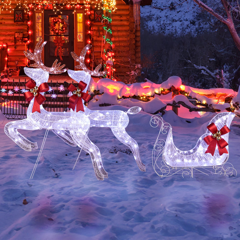 World Menagerie 3-piece 2d White Lighted Set Of 2 Reindeer & Sleigh ...