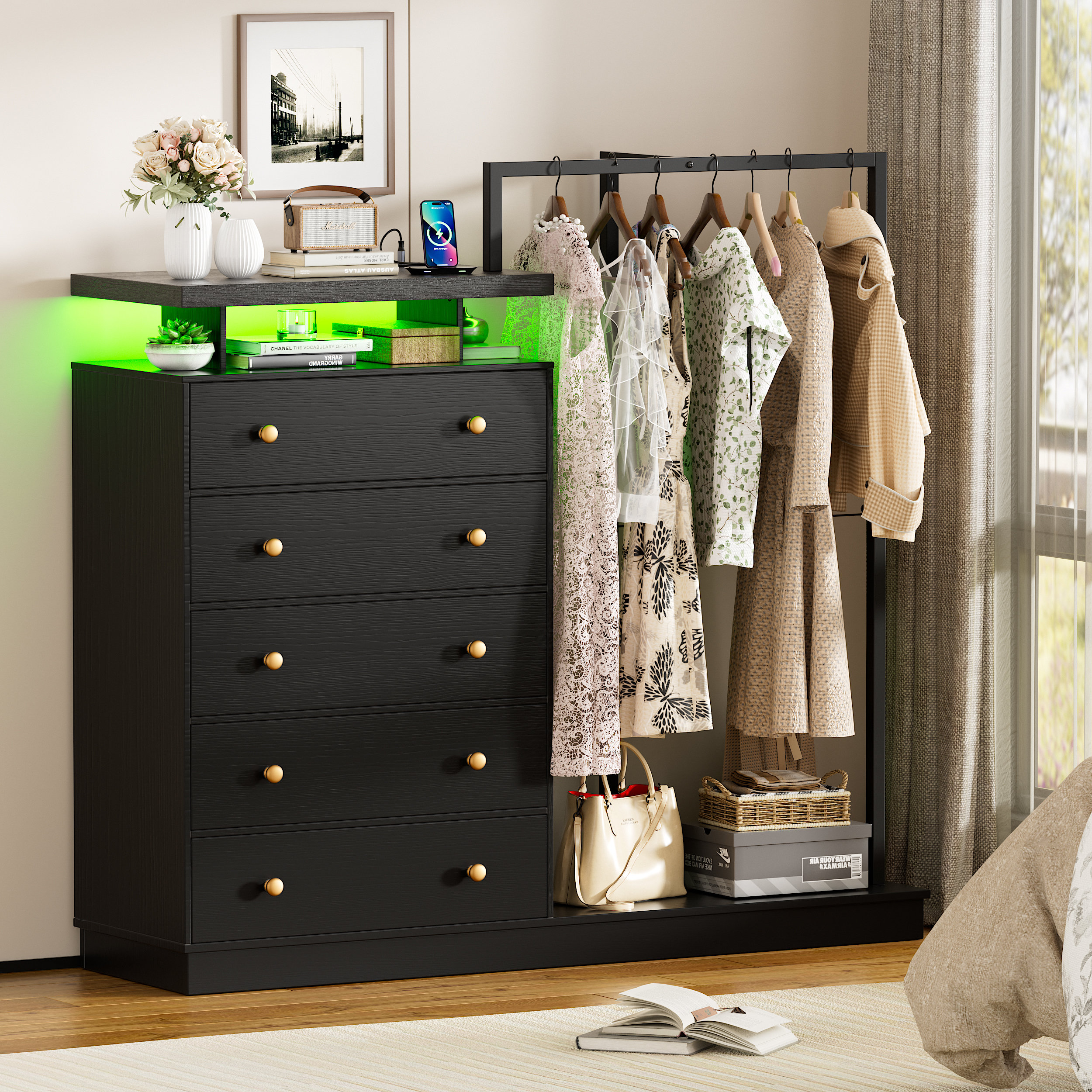 Wrought Studio™ Black Dresser With Hanging Rack, 5 Drawer Clothes ...