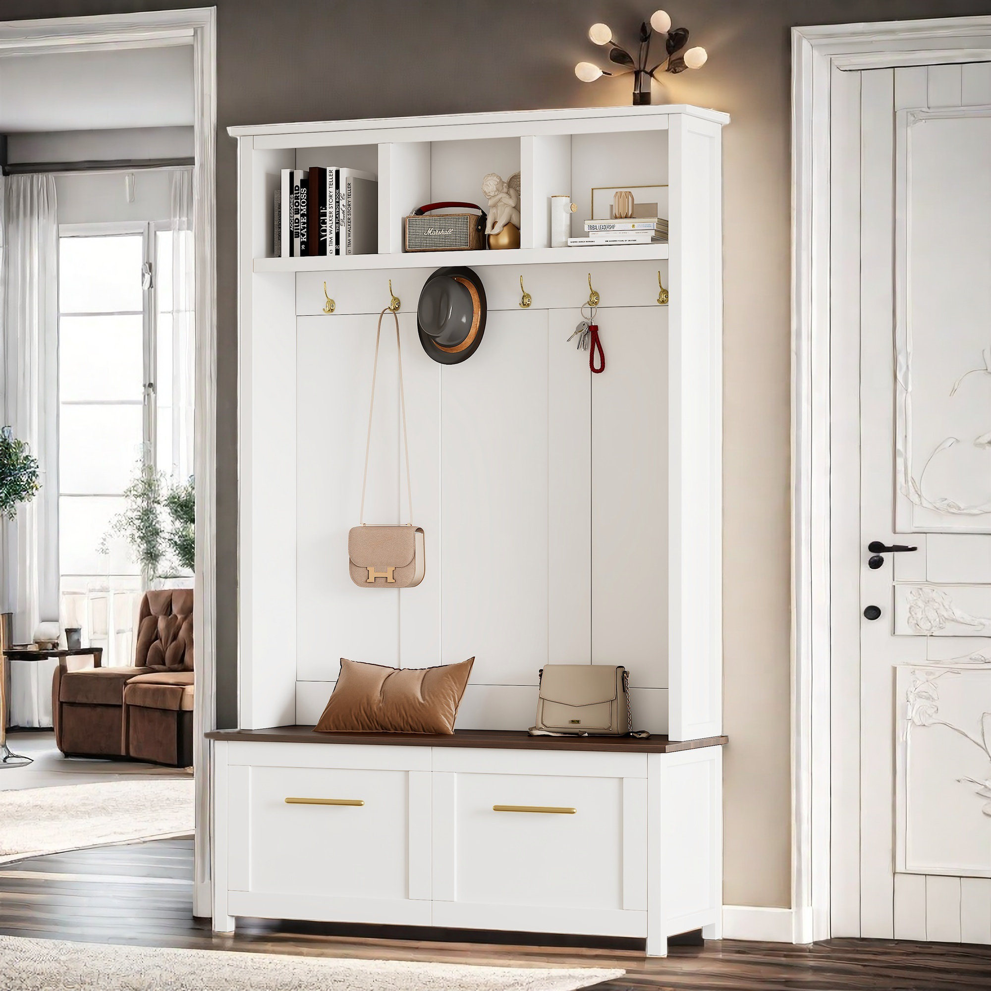 One Allium Way Versatile 4-in-1 Hall Tree With 6 Golden Hooks, Bench ...