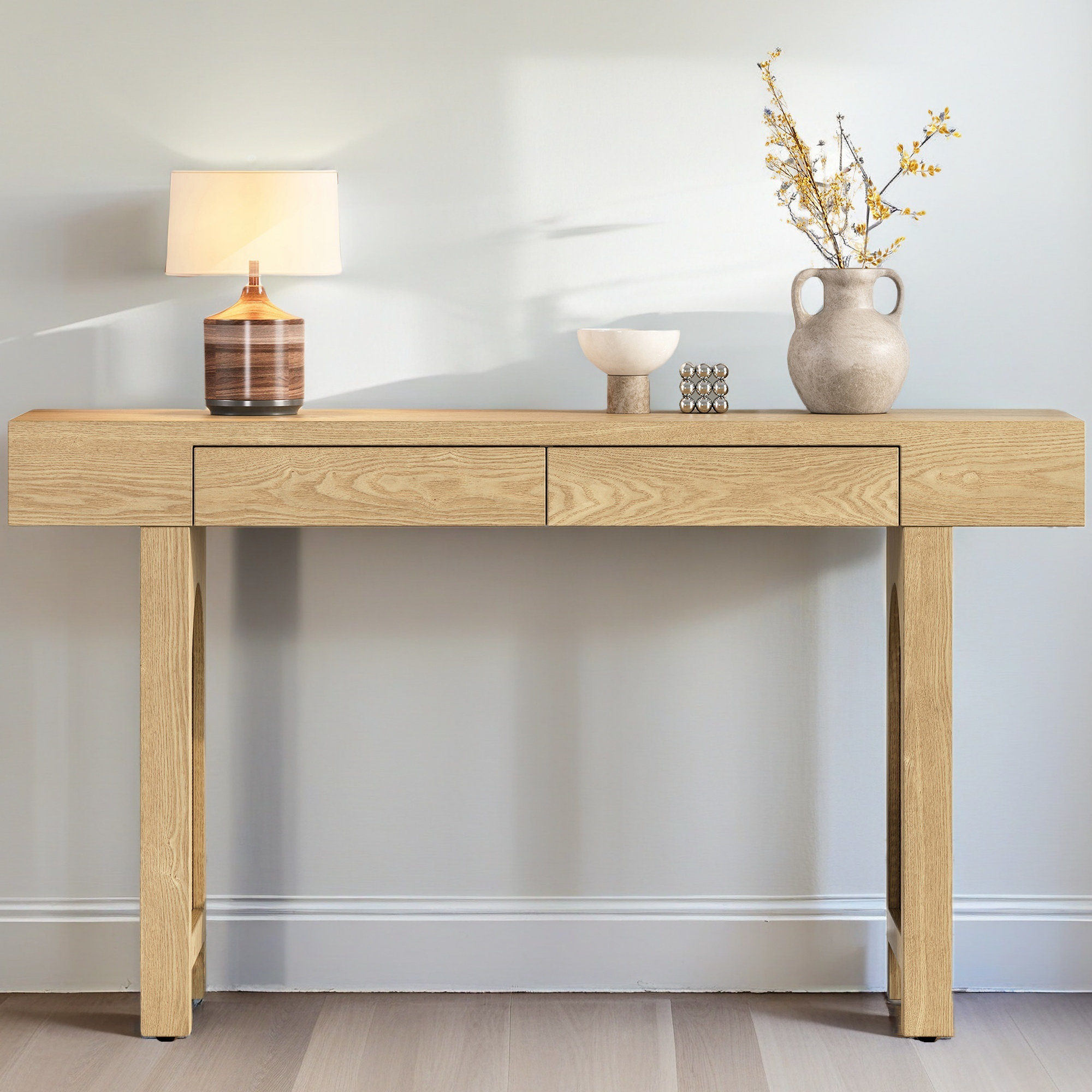 Latitude Run® Narrow Console Table With Rattan Accent, Natural Wood ...