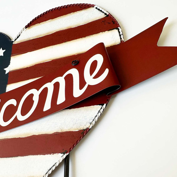 August Grove® American Flag Heart Welcome Sign, Metal Garden Stake ...